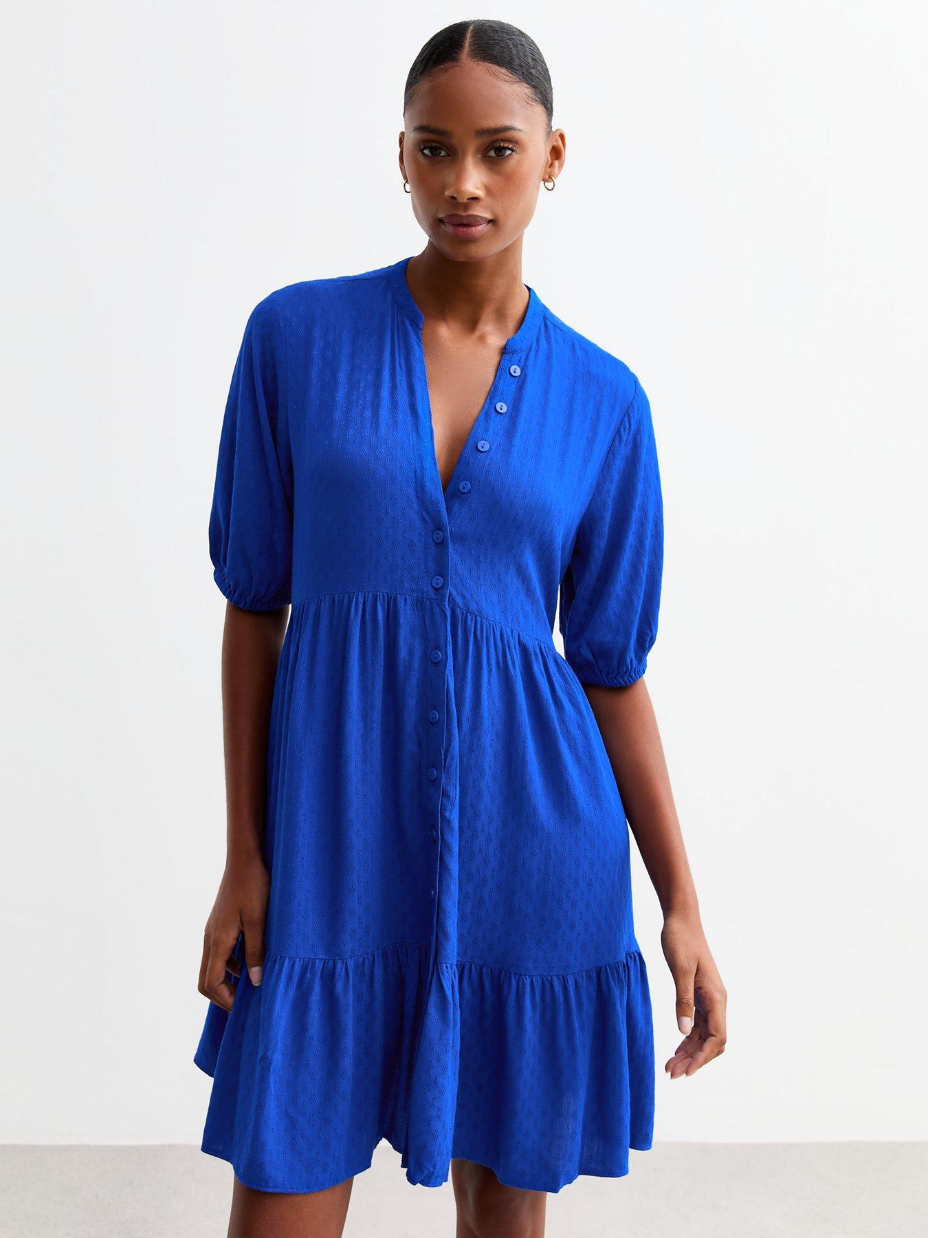 New Look Blue Button Through Textured Mini Smock Dress - Bright Blue | Very