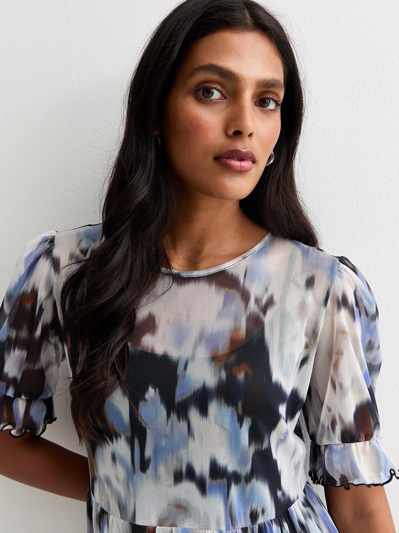 New Look Blue Rose Print Mesh Smock Midi Dress | Very