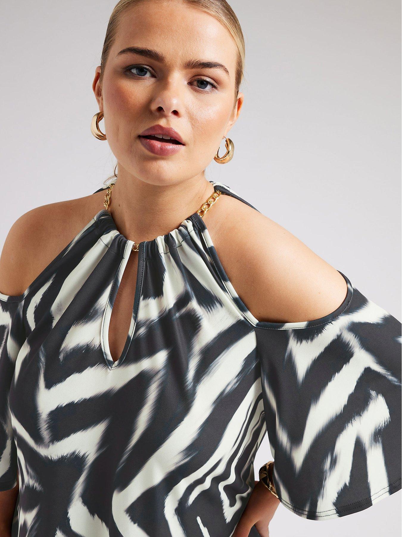 Yours Curve Animal Chain Cold Shoulder Top - Black | Very