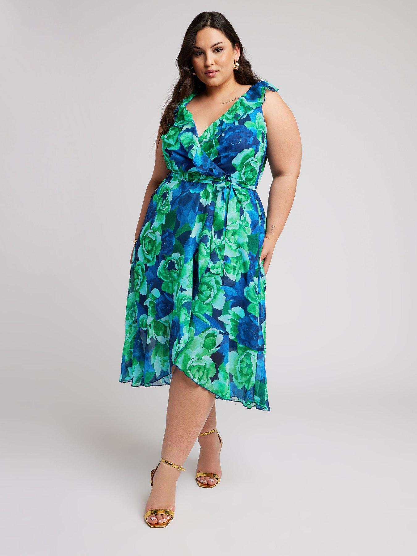 Yours Curve Floral Double Wrap Ruffle Dress - Green | Very