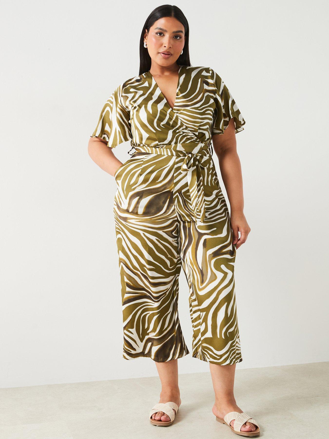 AX PARIS CURVE Olive Print Wrap Top Tie Waist Jumpsuit | Very