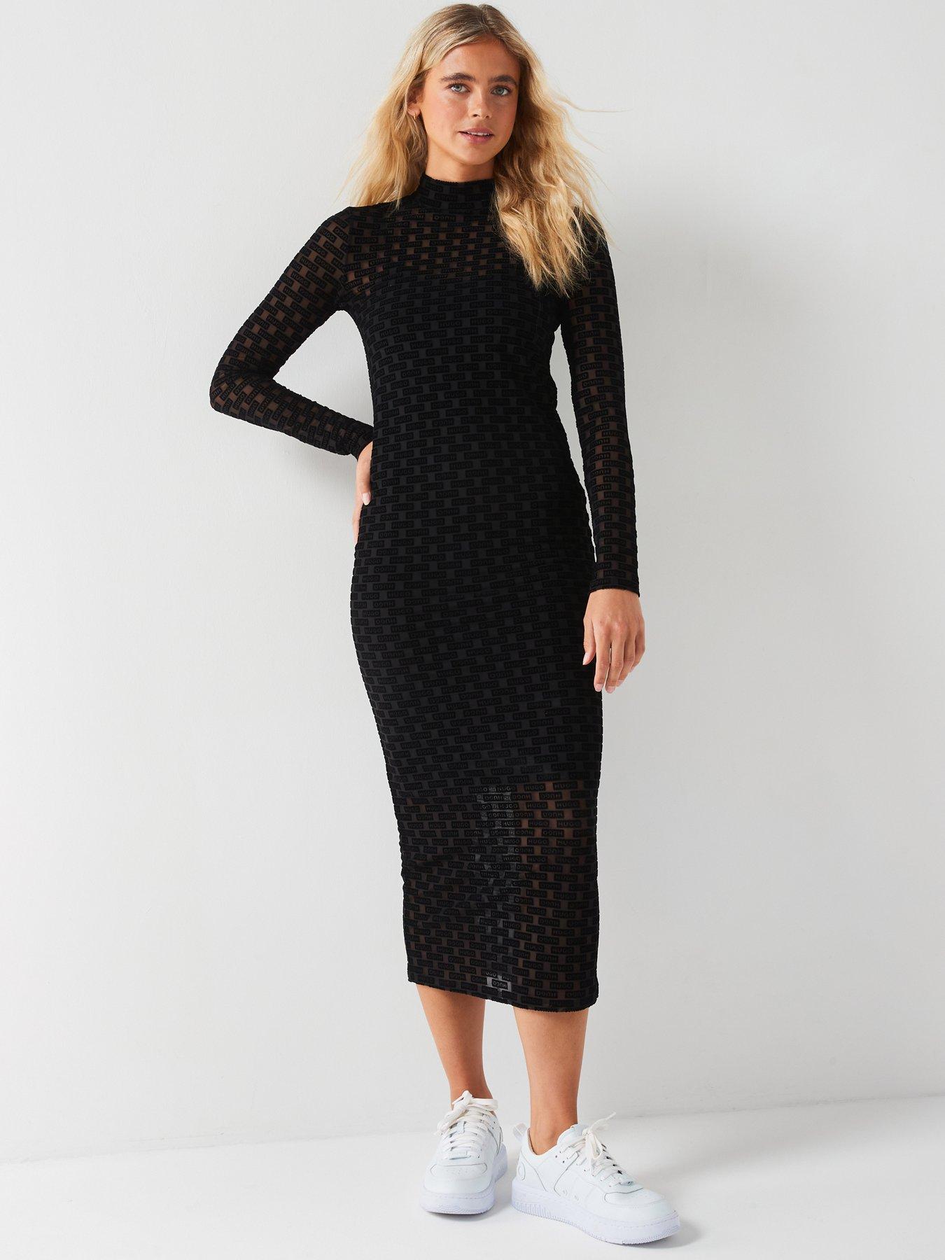 HUGO Nomy Logo Mesh Jersey Midi Dress - Black | Very