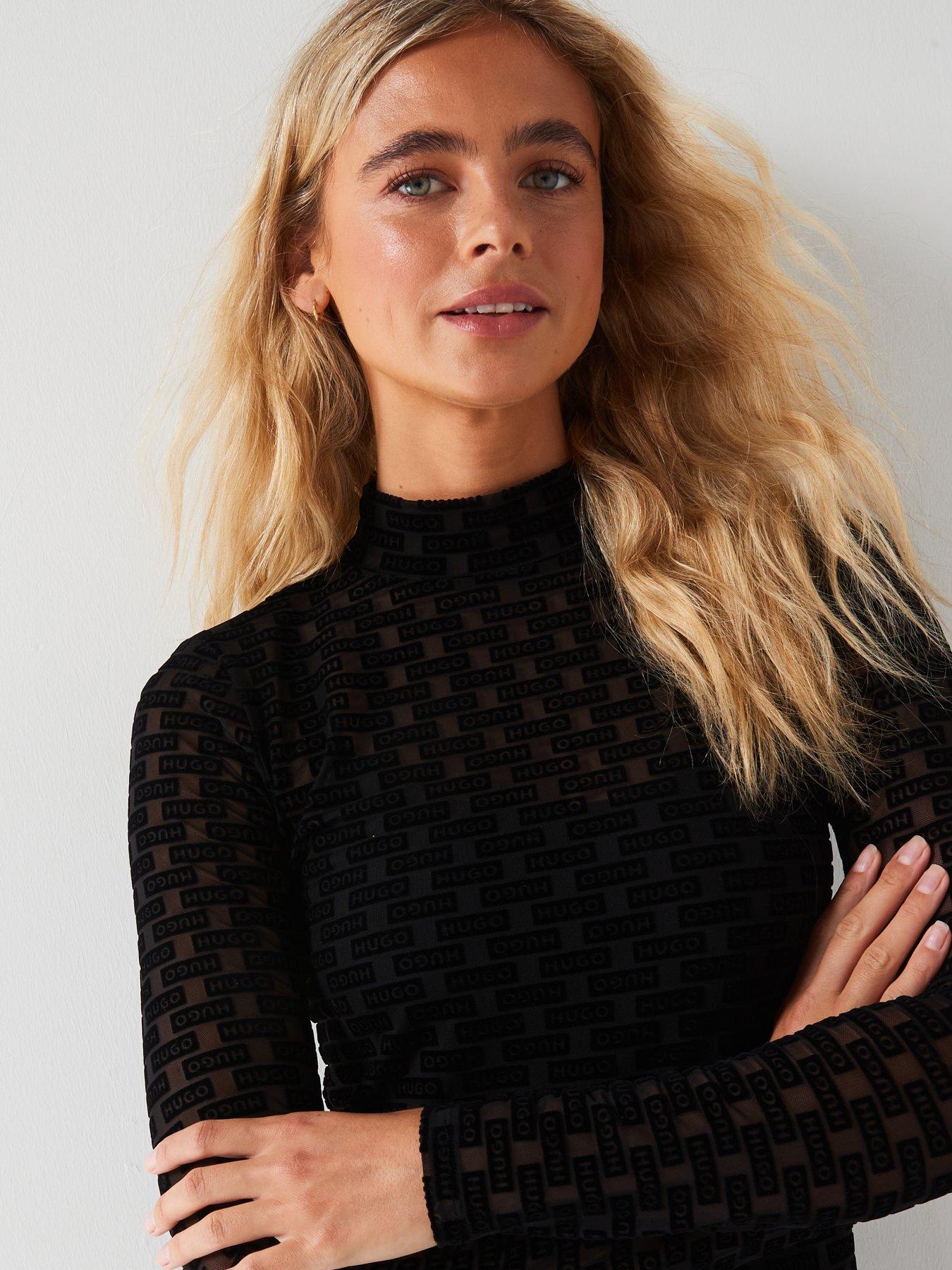 HUGO Nomy Logo Mesh Jersey Midi Dress - Black | Very