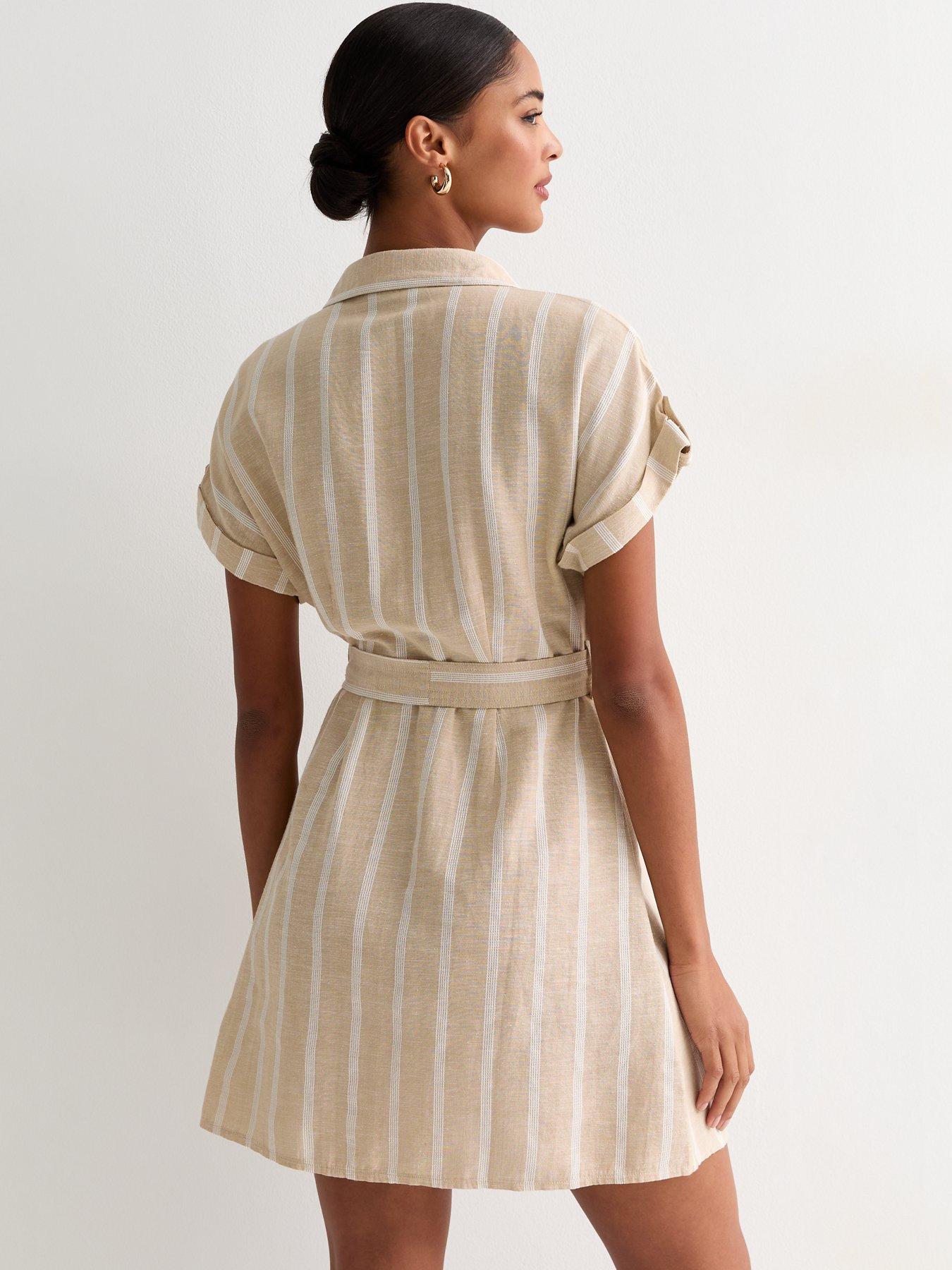 New Look Brown Stripe Pattern Utility Belted Shirt Mini Dress | Very.co.uk