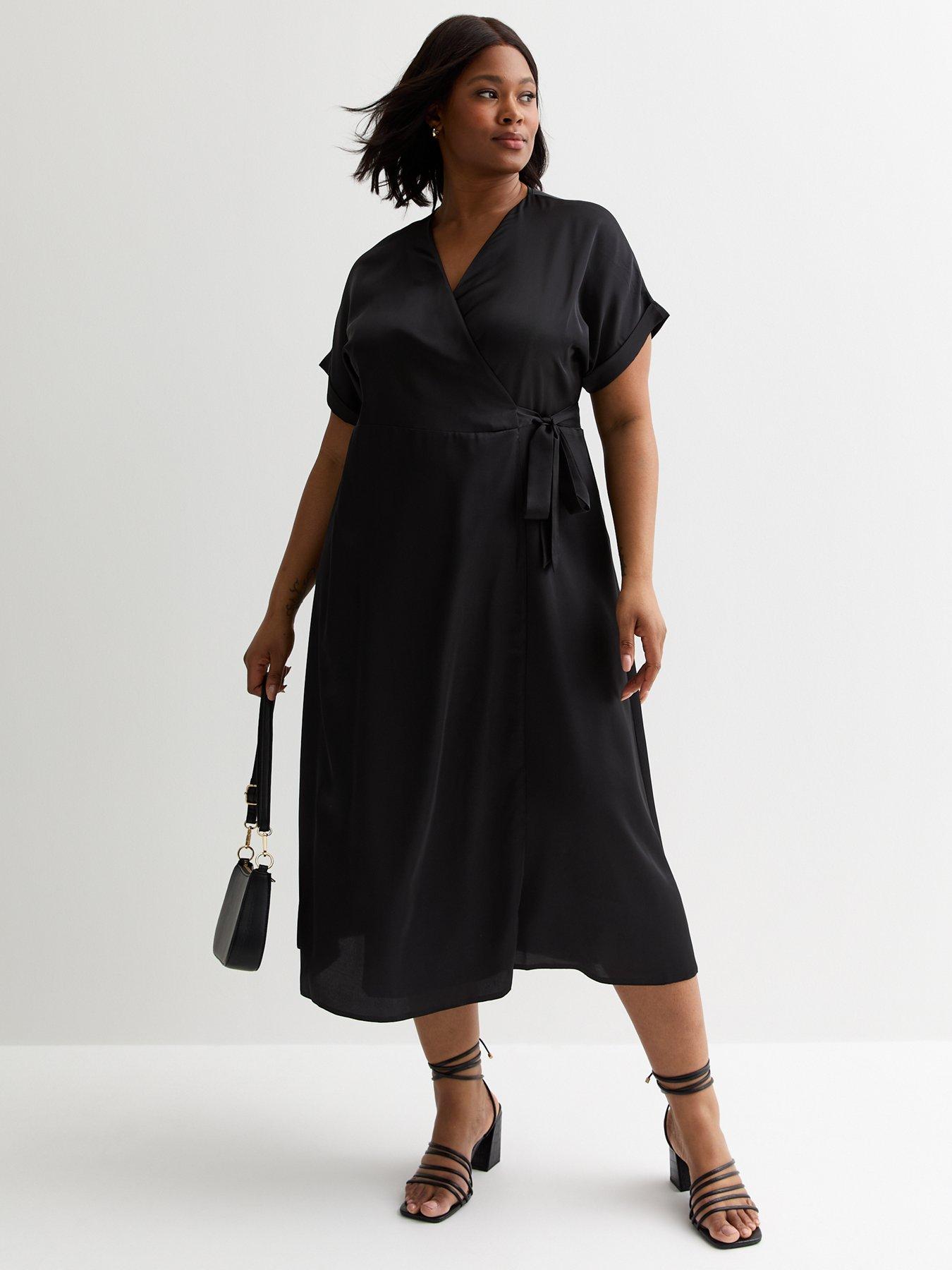 New Look Curves Black Satin Midi Wrap Dress | Very