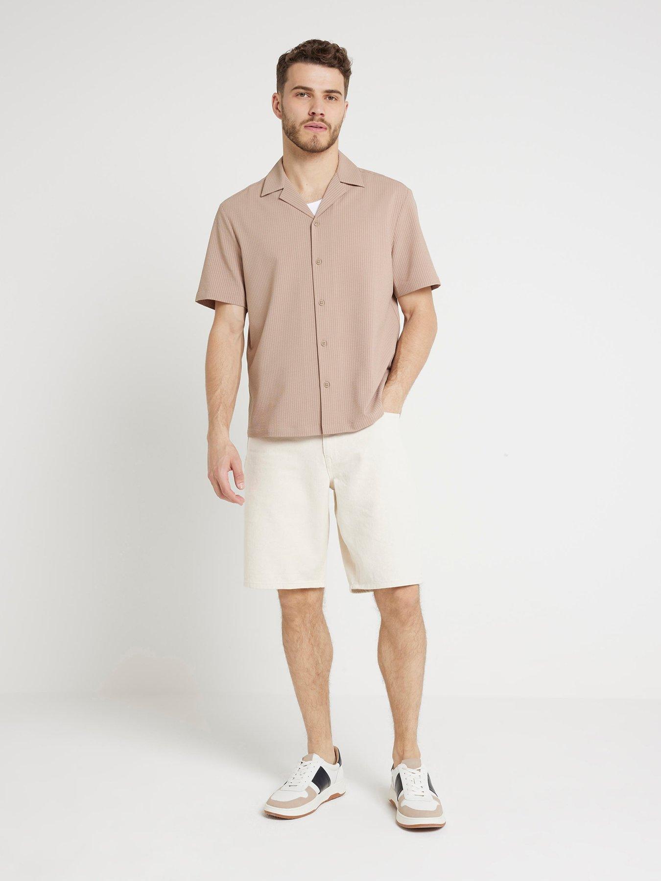 River Island Short Sleeve Seersucker Revere Shirt Light Brown Very