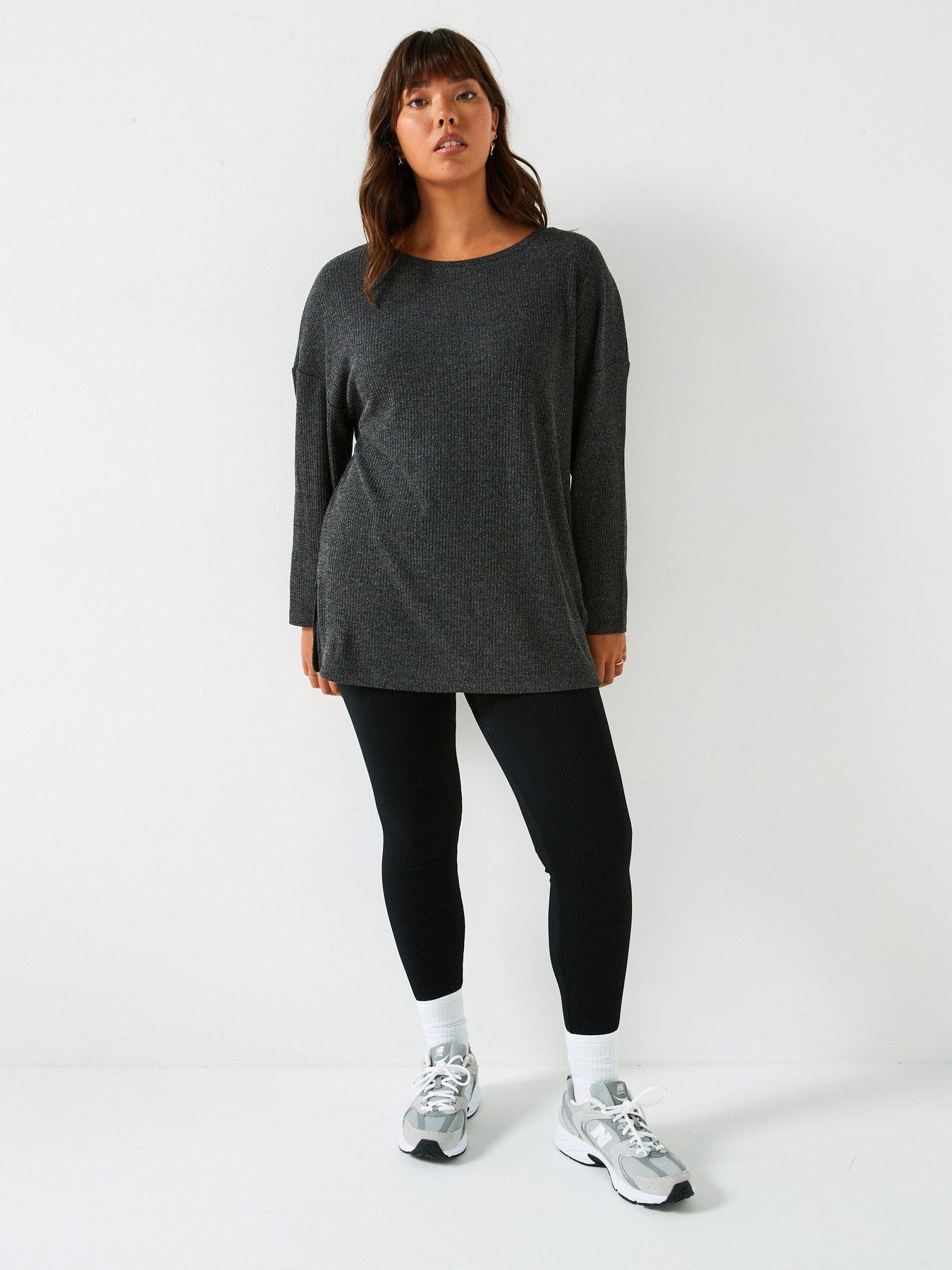V by Very Curve Marl Longline Split Hem Top - Black | Very