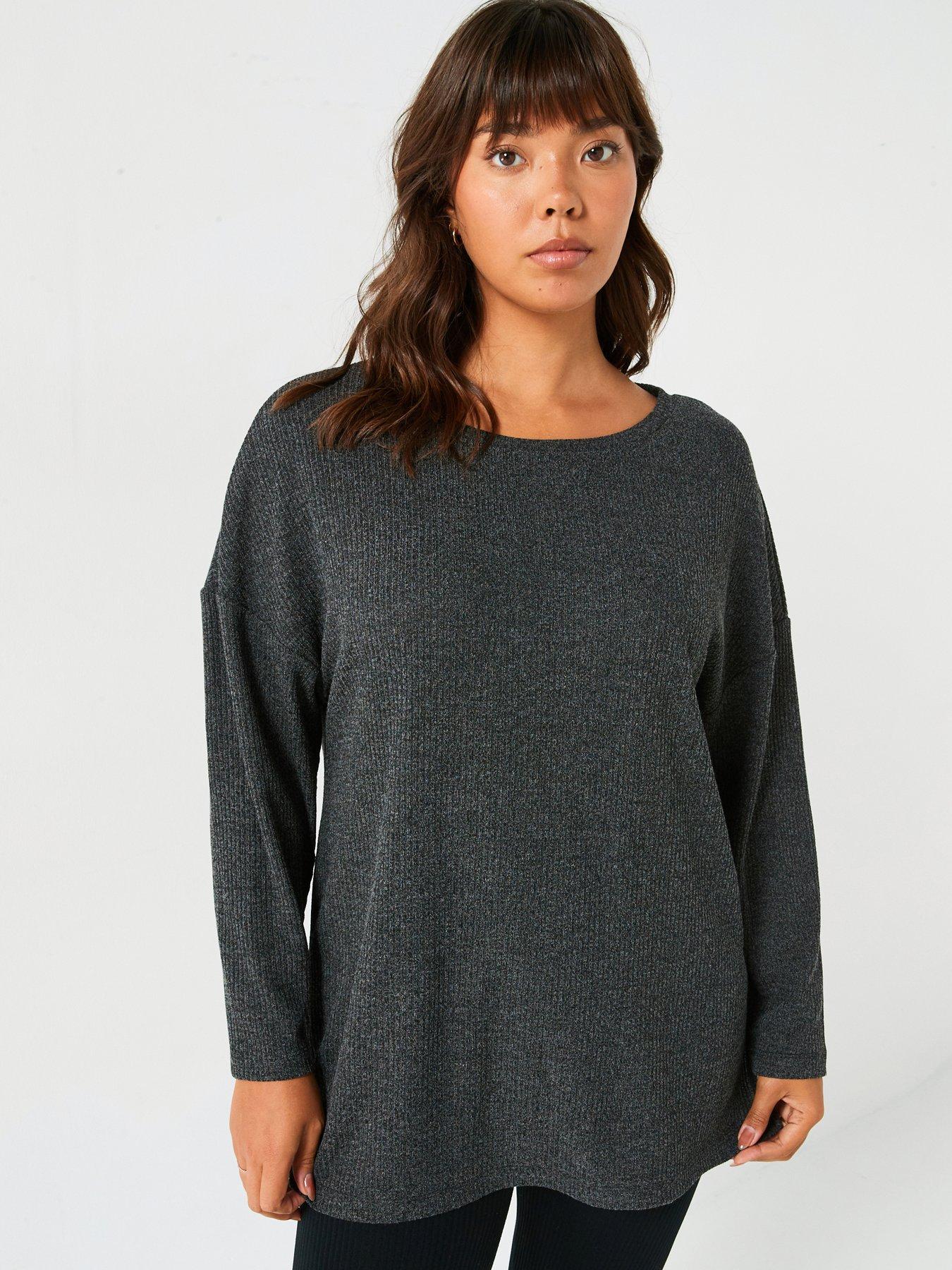 V by Very Curve Marl Longline Split Hem Top - Black | Very