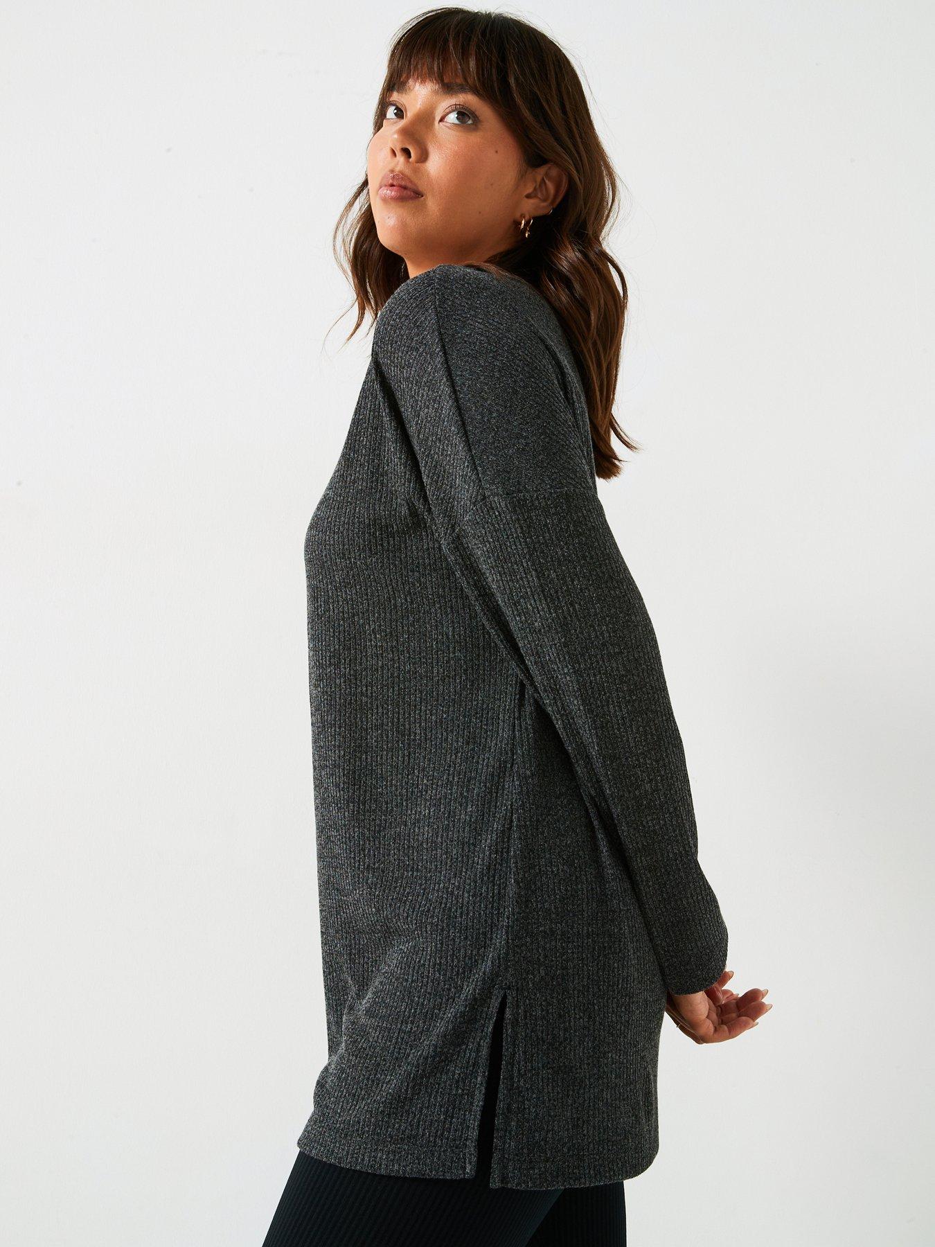 V by Very Curve Marl Longline Split Hem Top - Black | Very