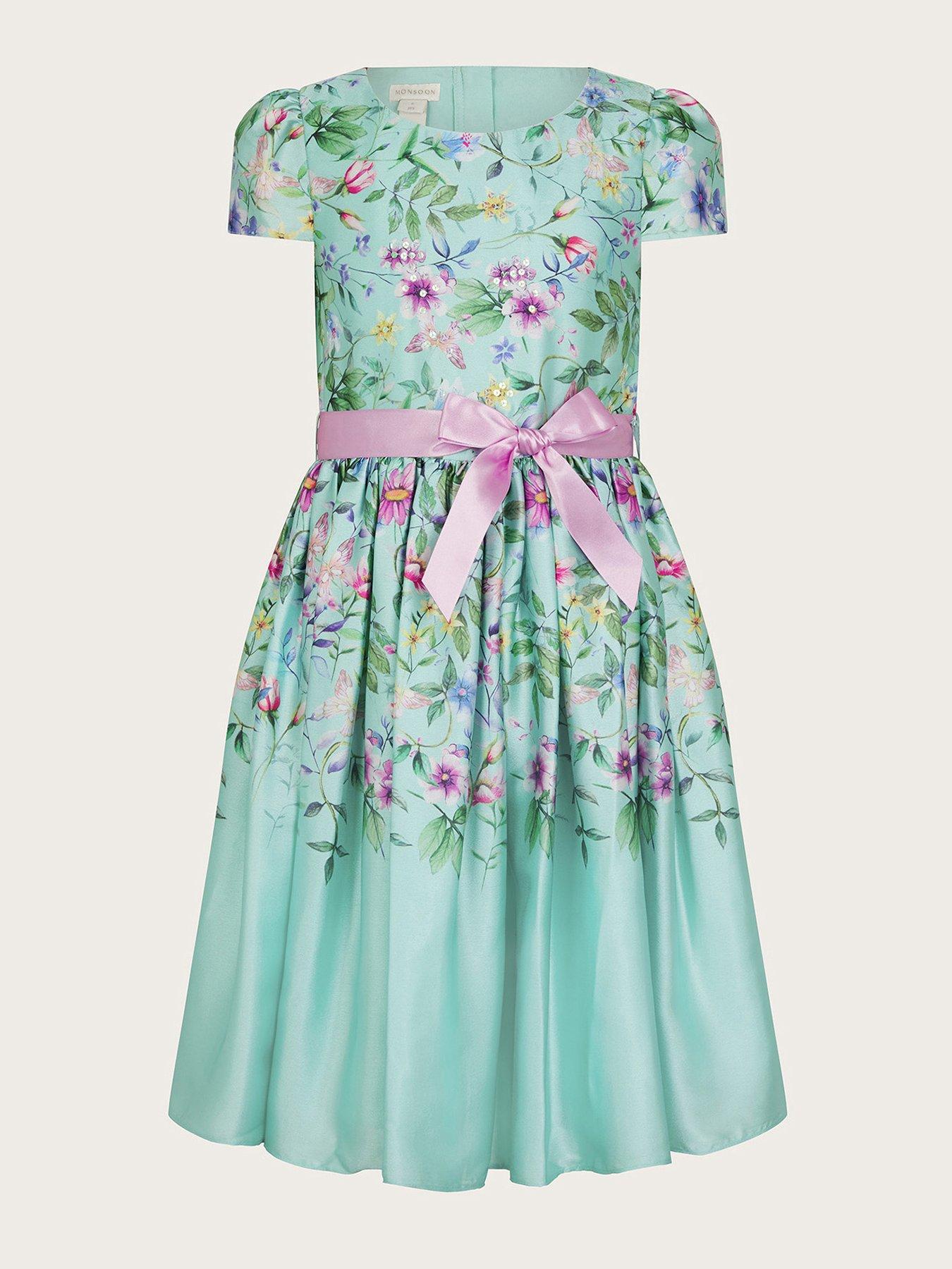 Monsoon Girls Satin Botanical Print Dress - Green | Very.co.uk