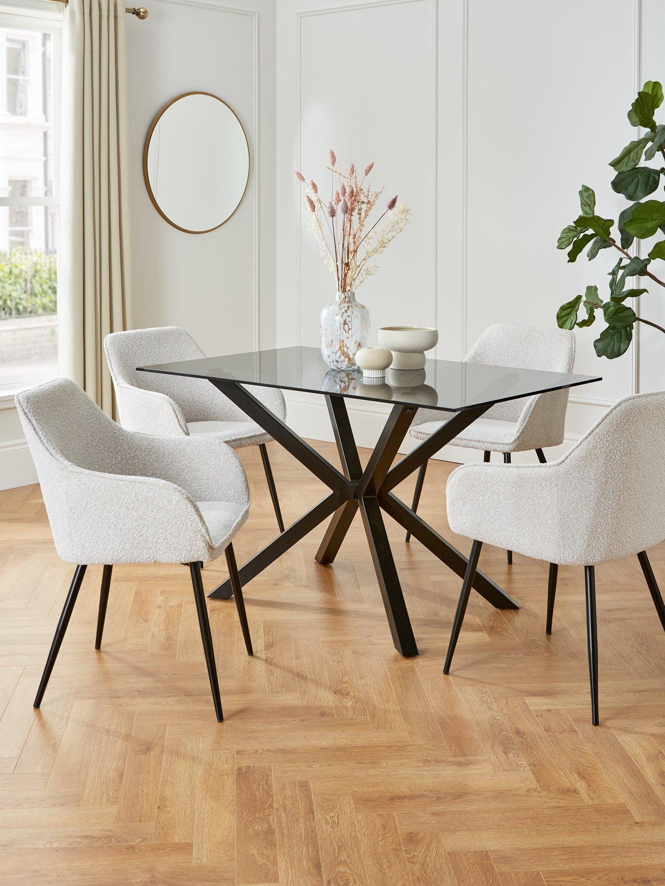 Chopstick 130 cm Rectangular Glass Top Dining Table 4 Alisha Boucle Chairs Black Cream