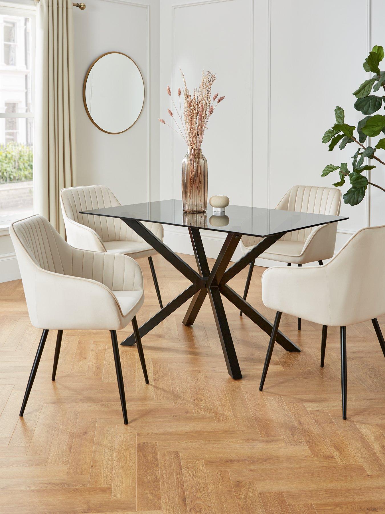 Very Home Chopstick 130 cm Rectangular Glass Top Dining Table 4 Alisha Boucle Chairs Black Cream Very