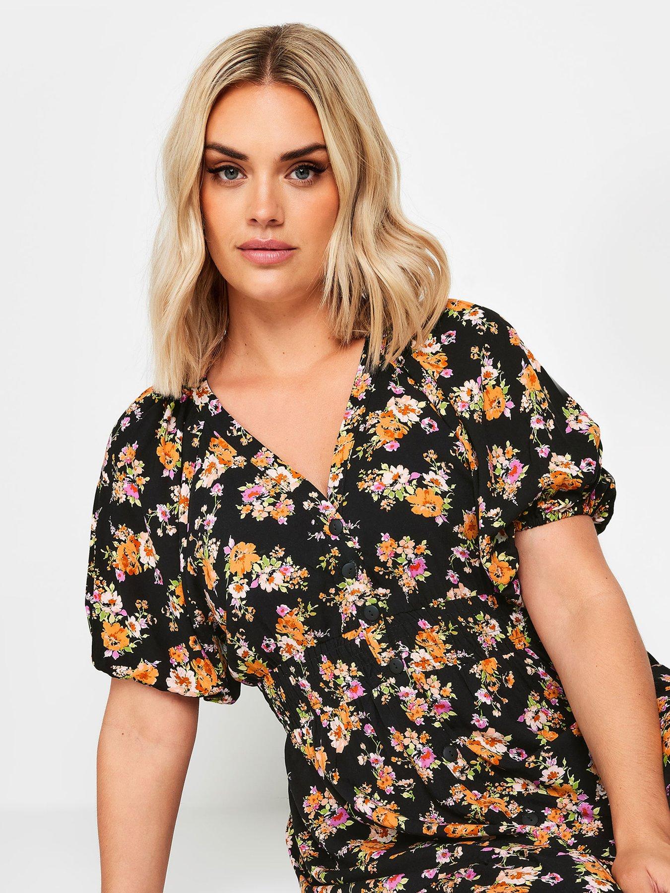 Yours Curve Floral Print Button Through Dress - Orange | Very