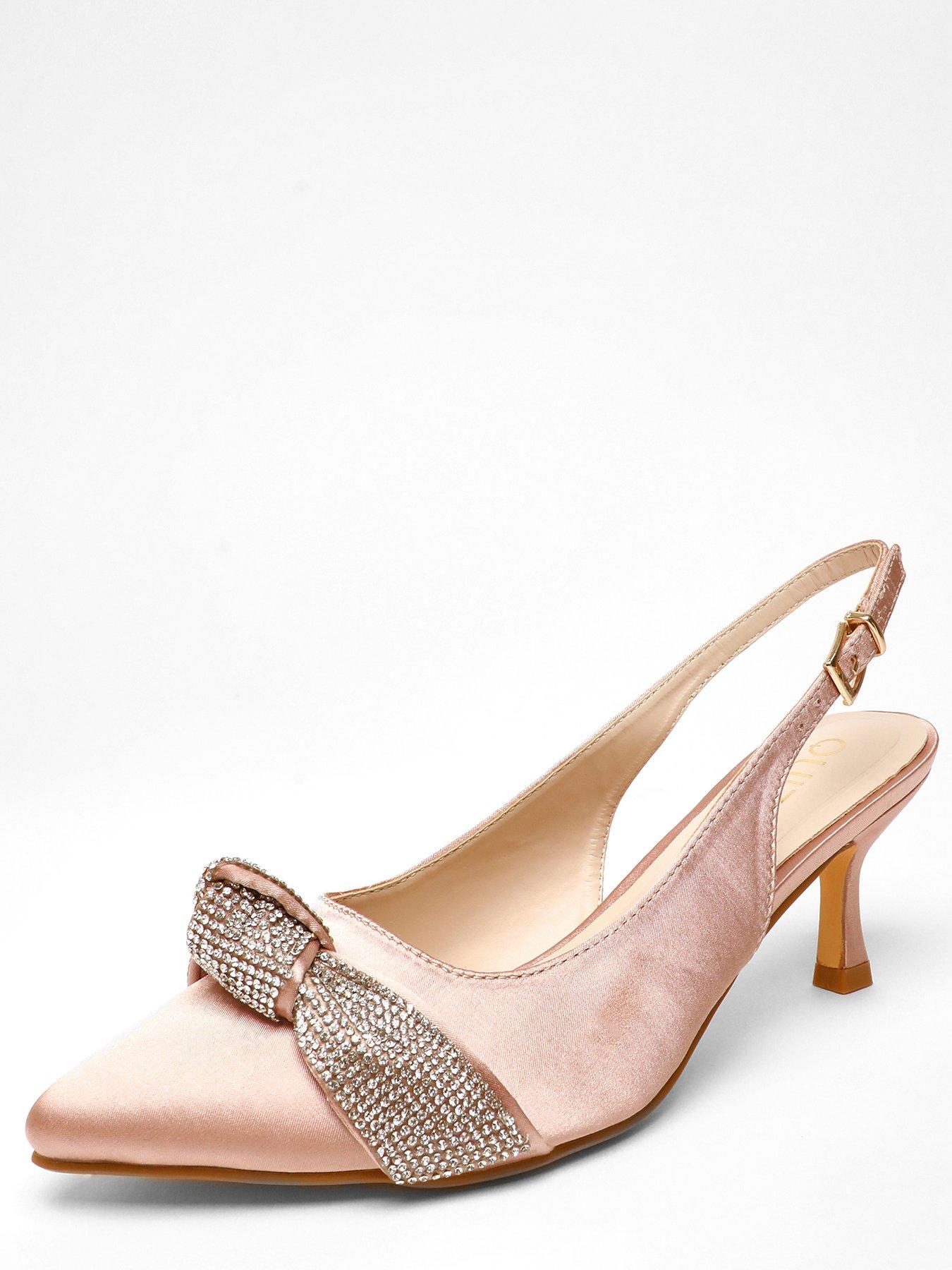 Quiz Wide Fit Rose Diamante Knot Sling Back Low Heels | very.co.uk