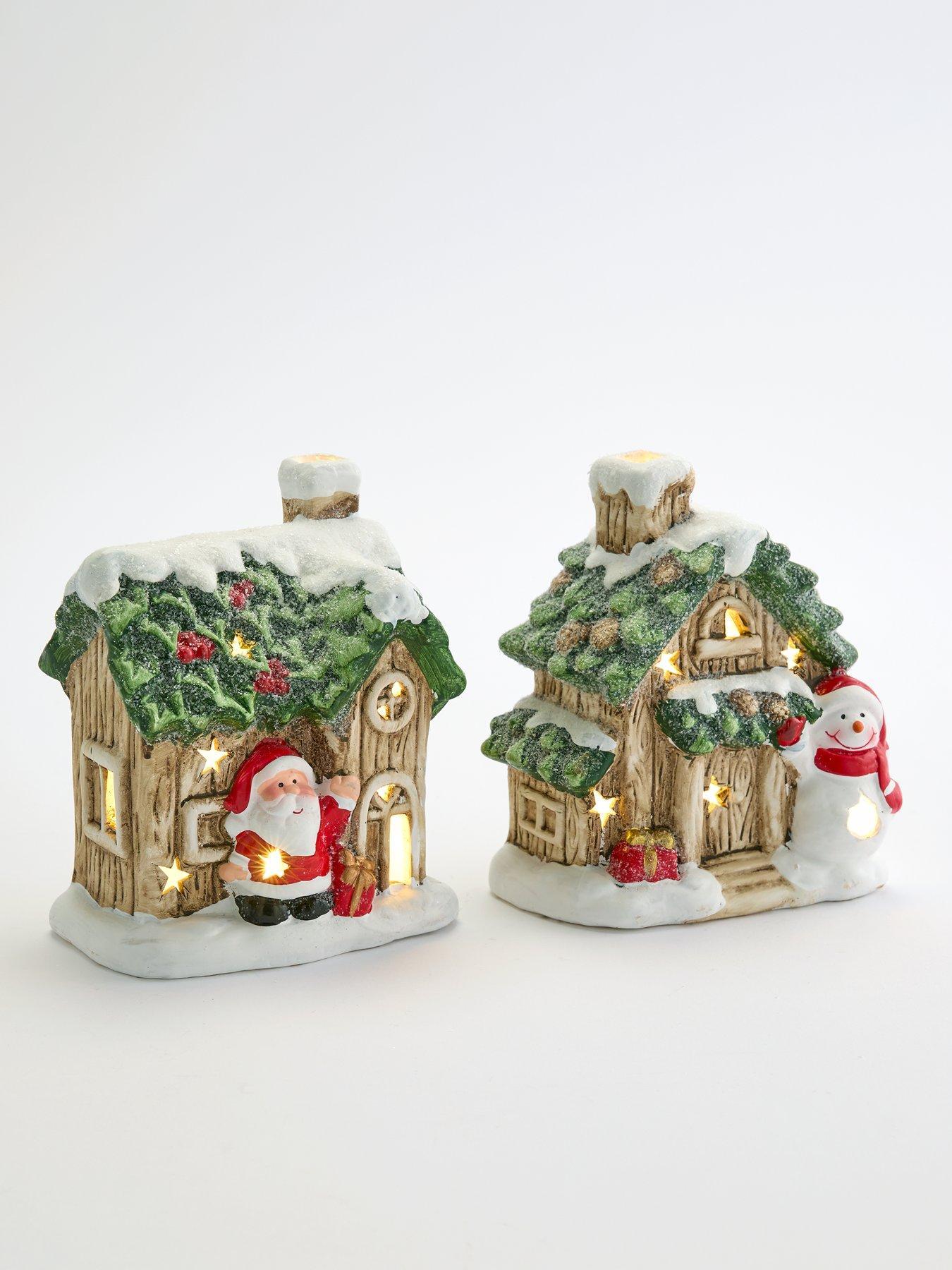 Festive Set of 2 Lit Ceramic Santa/Snowman House Christmas Decorations ...