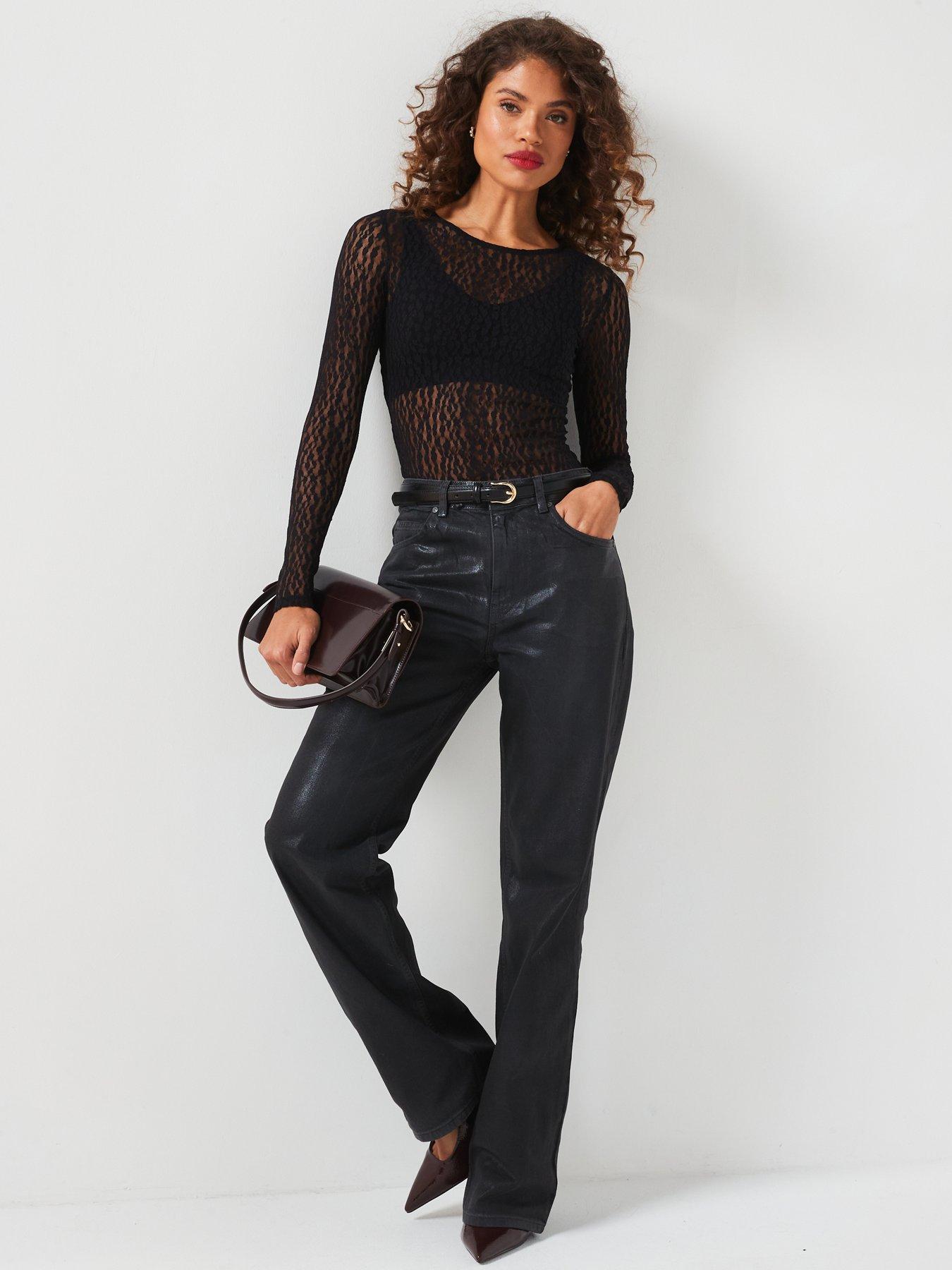 V by Very Lace Long Sleeve Bodysuit - Black | Very