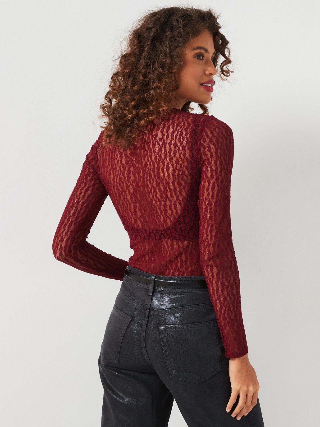 V by Very Lace Long Sleeve Bodysuit - Red | Very