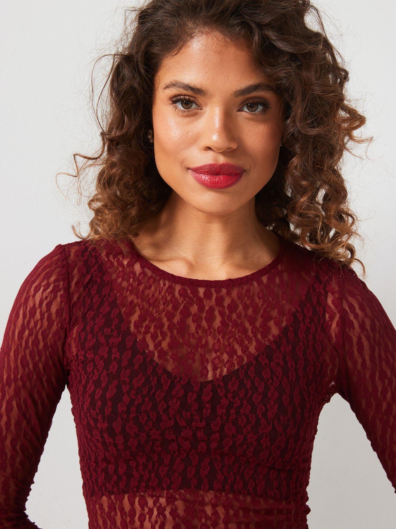 V by Very Lace Long Sleeve Bodysuit - Red | Very