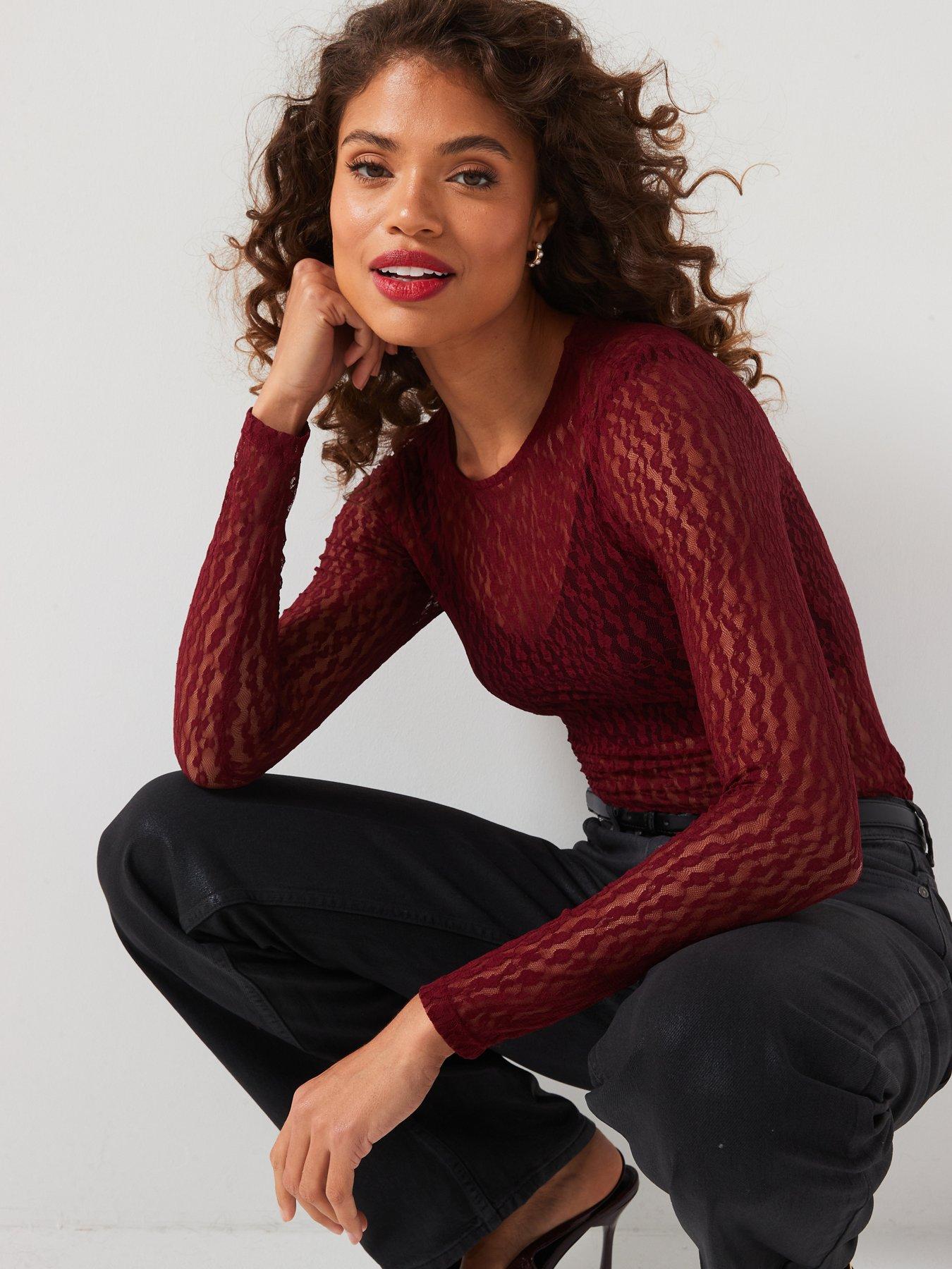 V by Very Lace Long Sleeve Bodysuit - Red | Very