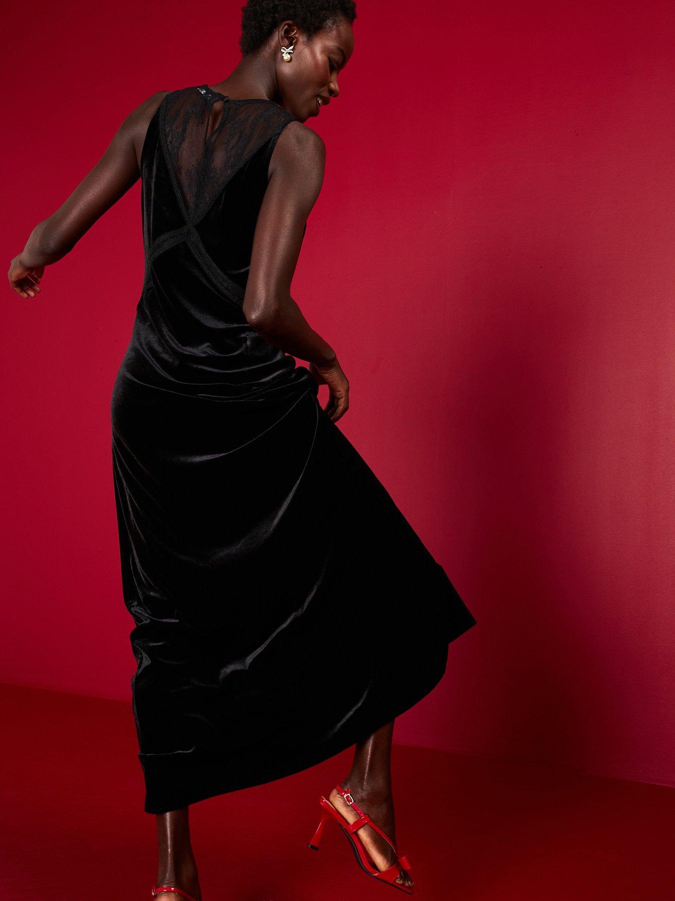 V by Very Lace Insert Velvet Sleeveless Maxi Dress - Black | Very