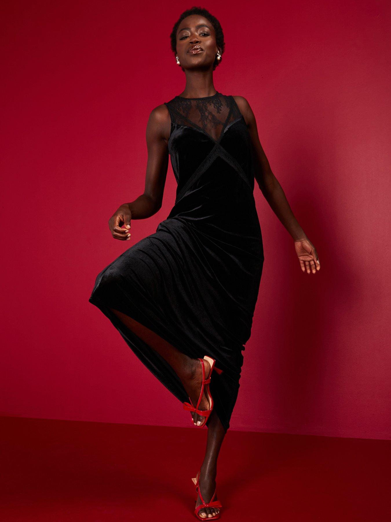 V by Very Lace Insert Velvet Sleeveless Maxi Dress - Black | Very