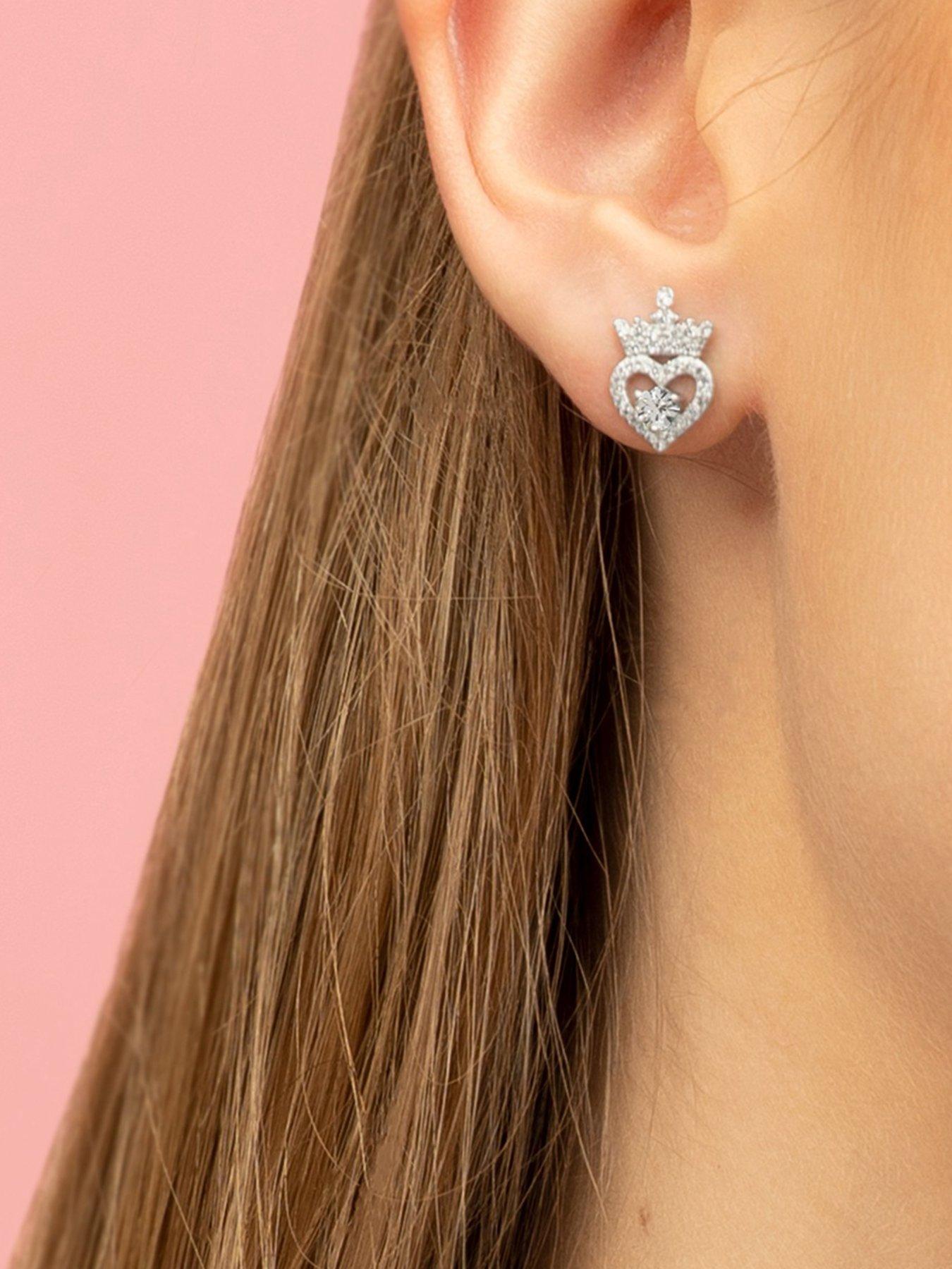 Disney Princess Sterling Silver Birthstone Crown Earrings - April | Very