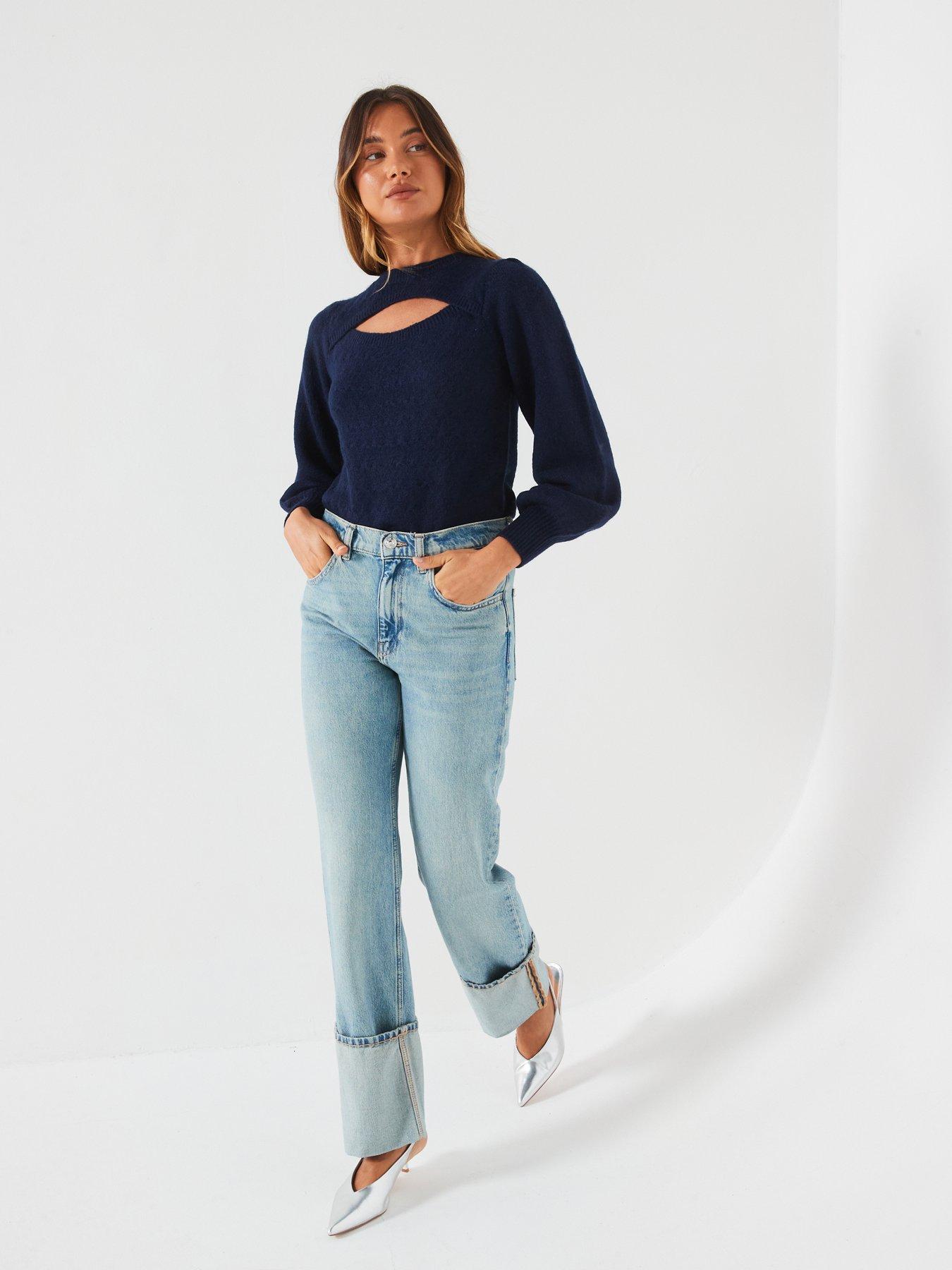 V by Very Long Sleeve Knitted Cut Out Jumper - Navy | Very