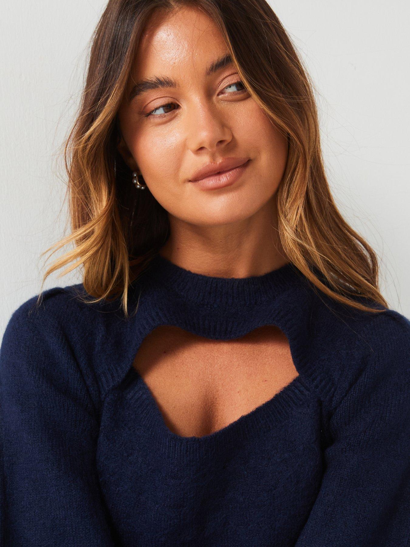 V by Very Long Sleeve Knitted Cut Out Jumper - Navy | Very