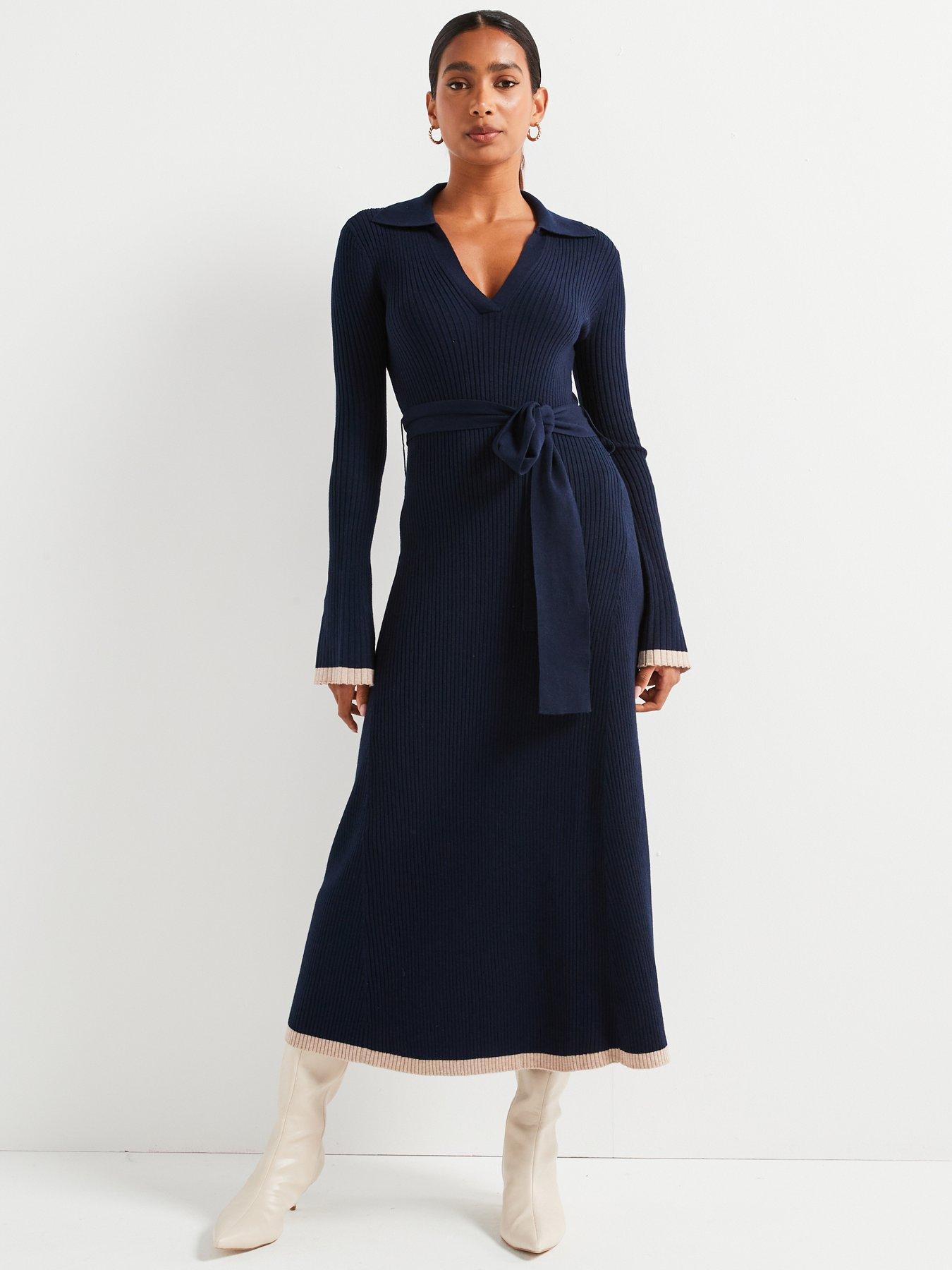 V by Very Premium Knitted Belted Dress with Wool - Navy | Very
