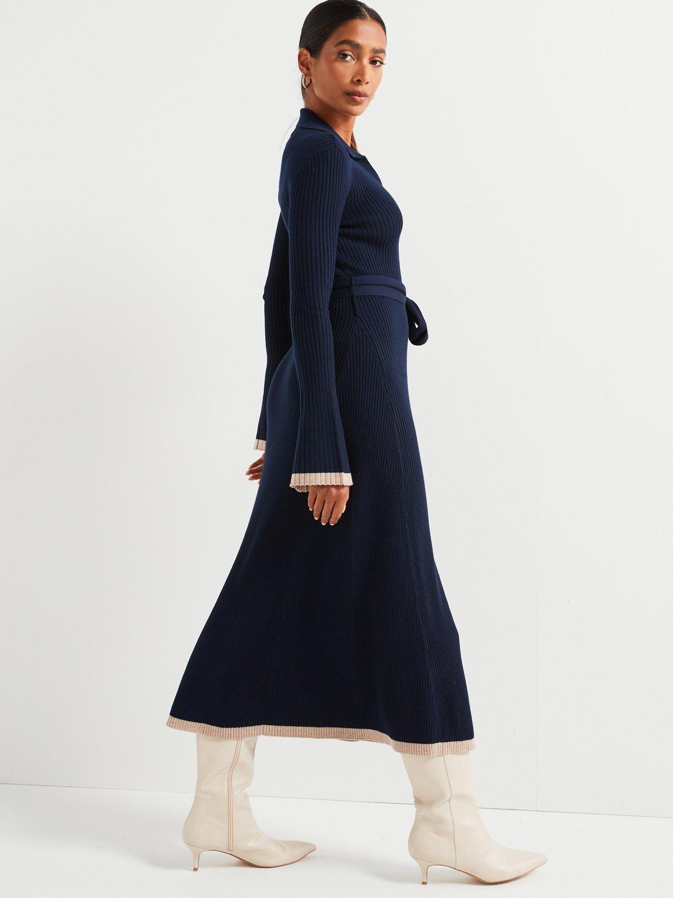 V by Very Premium Knitted Belted Dress with Wool - Navy | Very
