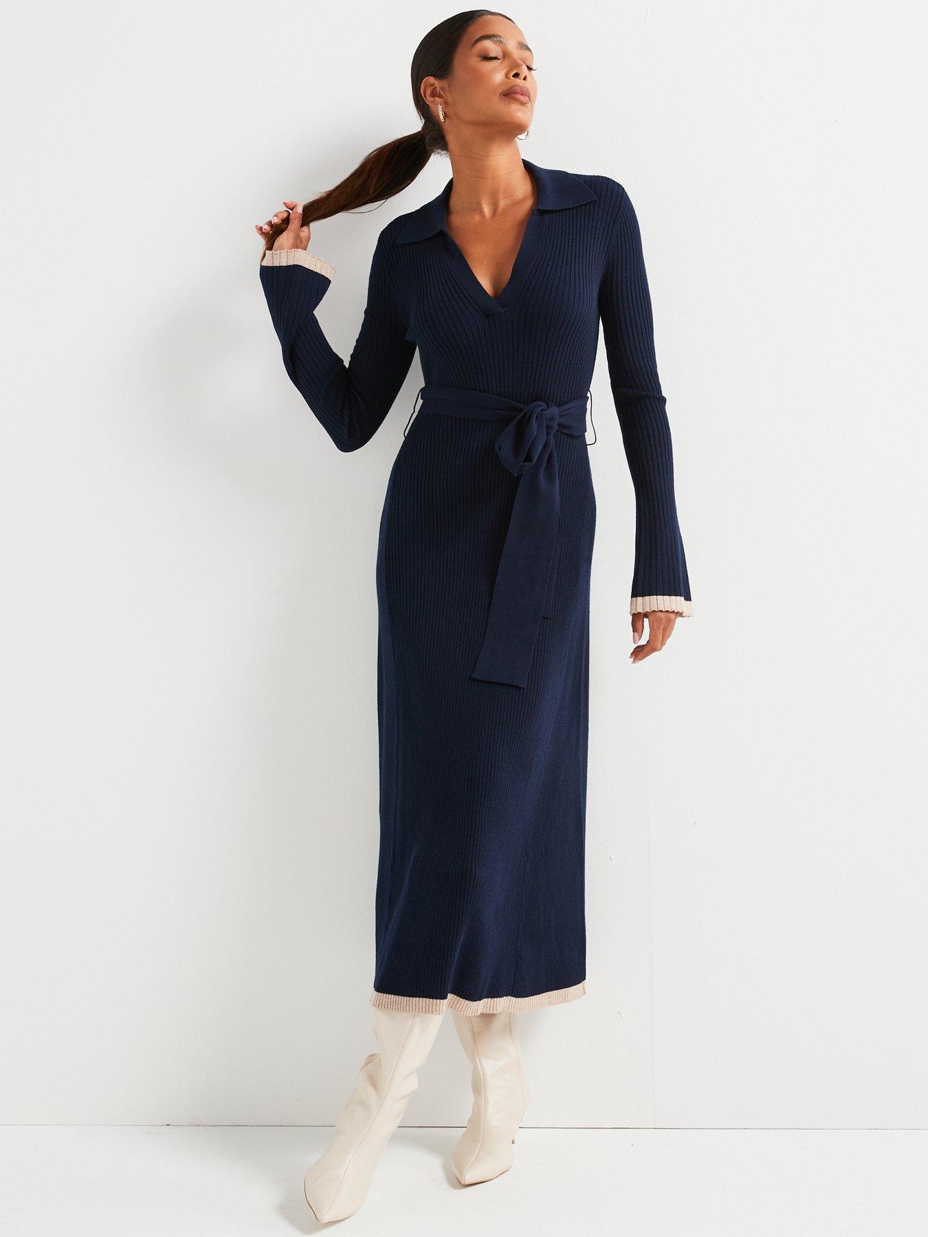 V by Very Premium Knitted Belted Dress with Wool - Navy | Very