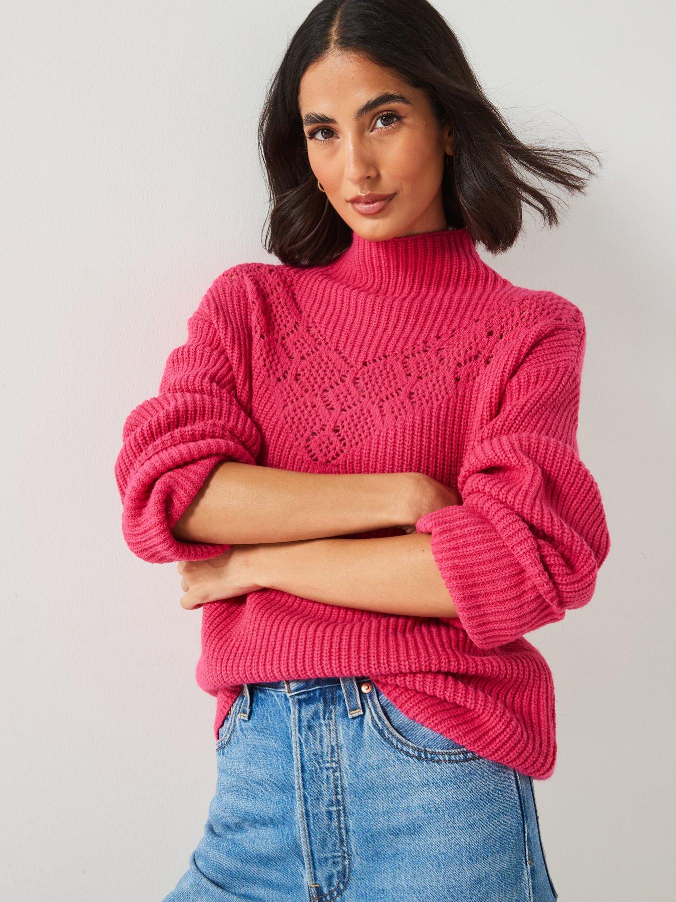 V by Very Funnel Neck Crochet Pointelle Jumper - Pink | Very