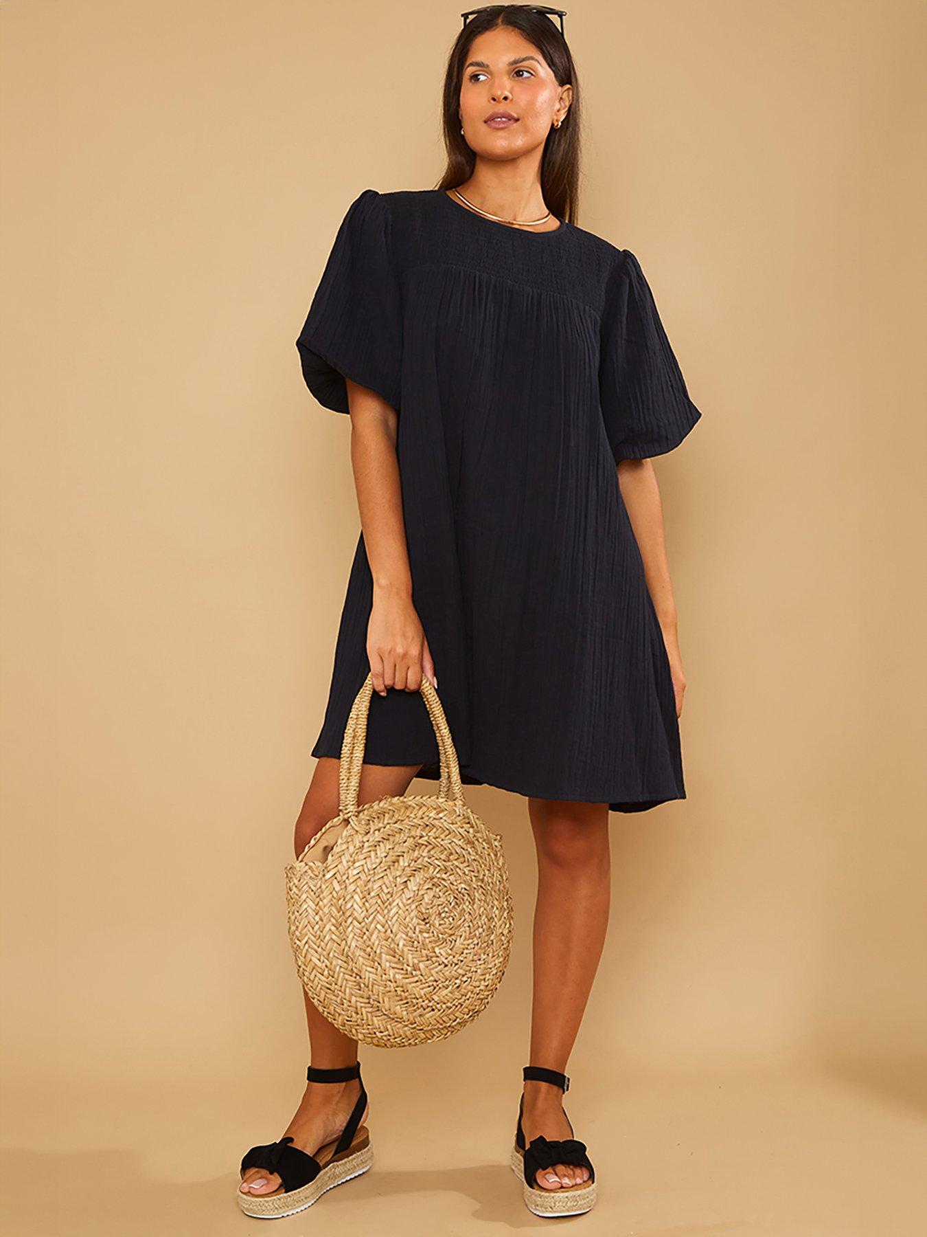 In The Style Stacey Solomon Black Puff Sleeve Smock Mini Dress | Very