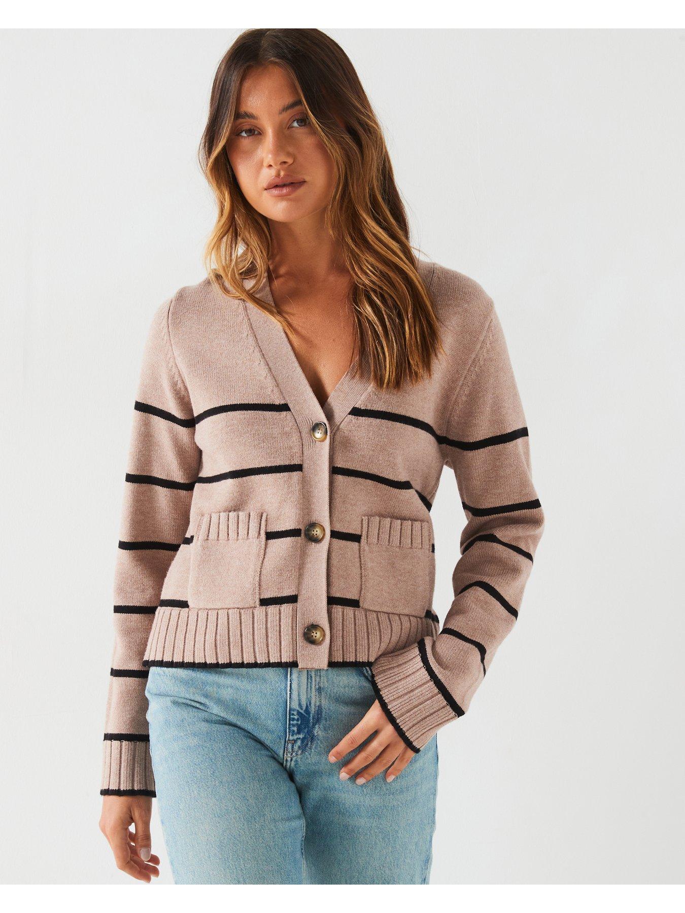 V by Very V Neck Stripe Knitted Cardigan - Camel / Black - Beige | Very