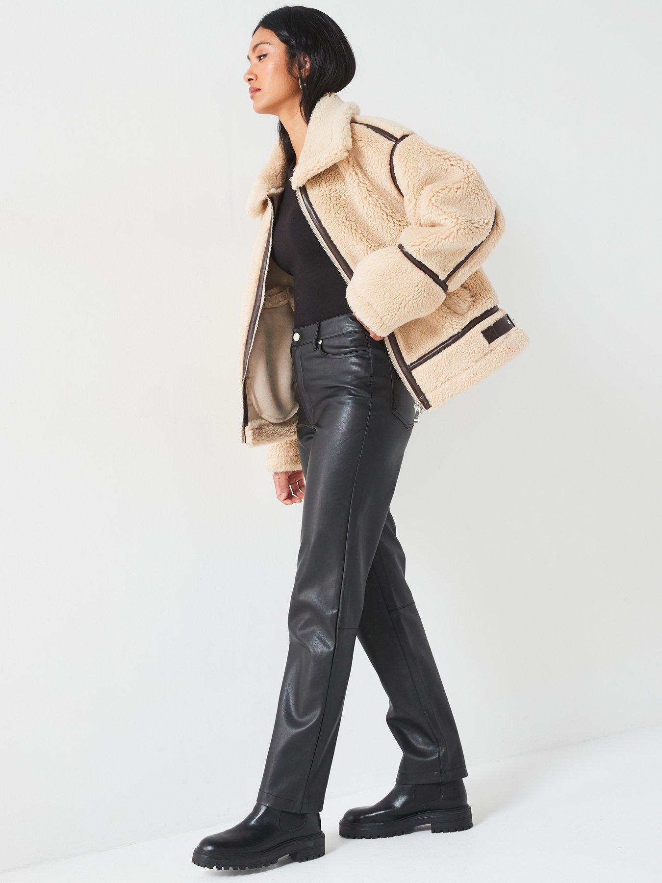 V by Very Faux Fur Aviator Jacket With Contrast Trims - Light Brown | Very