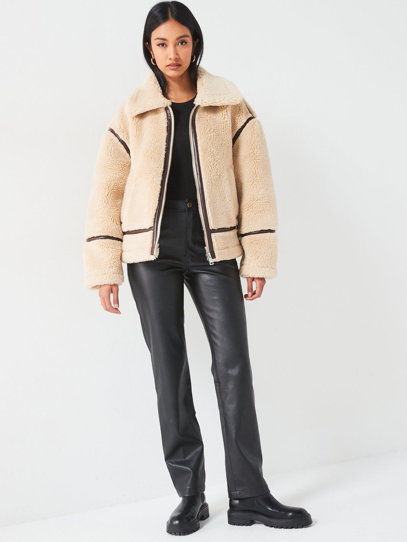 V by Very Faux Fur Aviator Jacket With Contrast Trims - Light Brown | Very