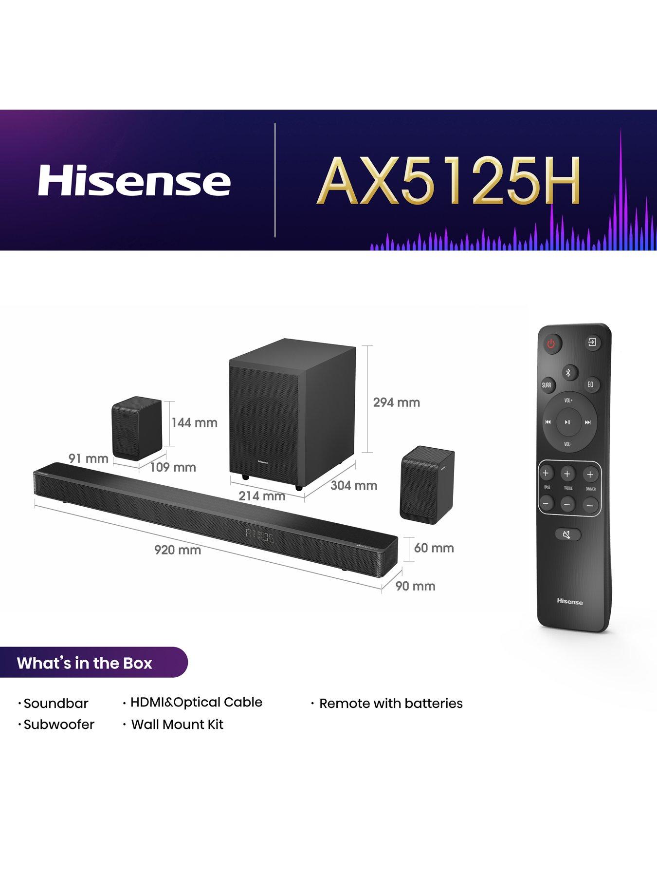 Hisense AX5125H 5.1.2 Channel 500W Dolby Atmos Soundbar with wireless ...