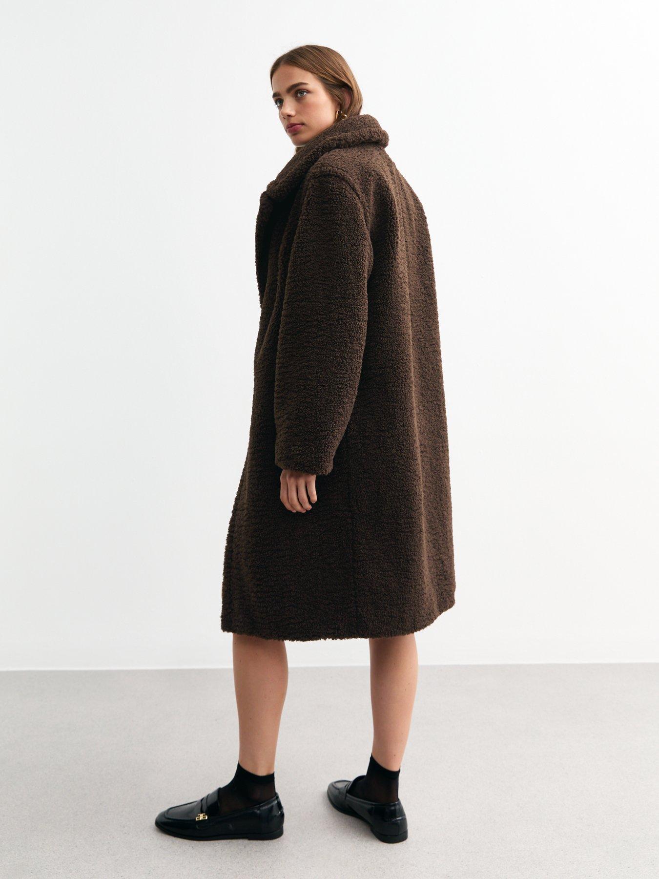 New Look Borg Longline Coat - Dark Brown | Very