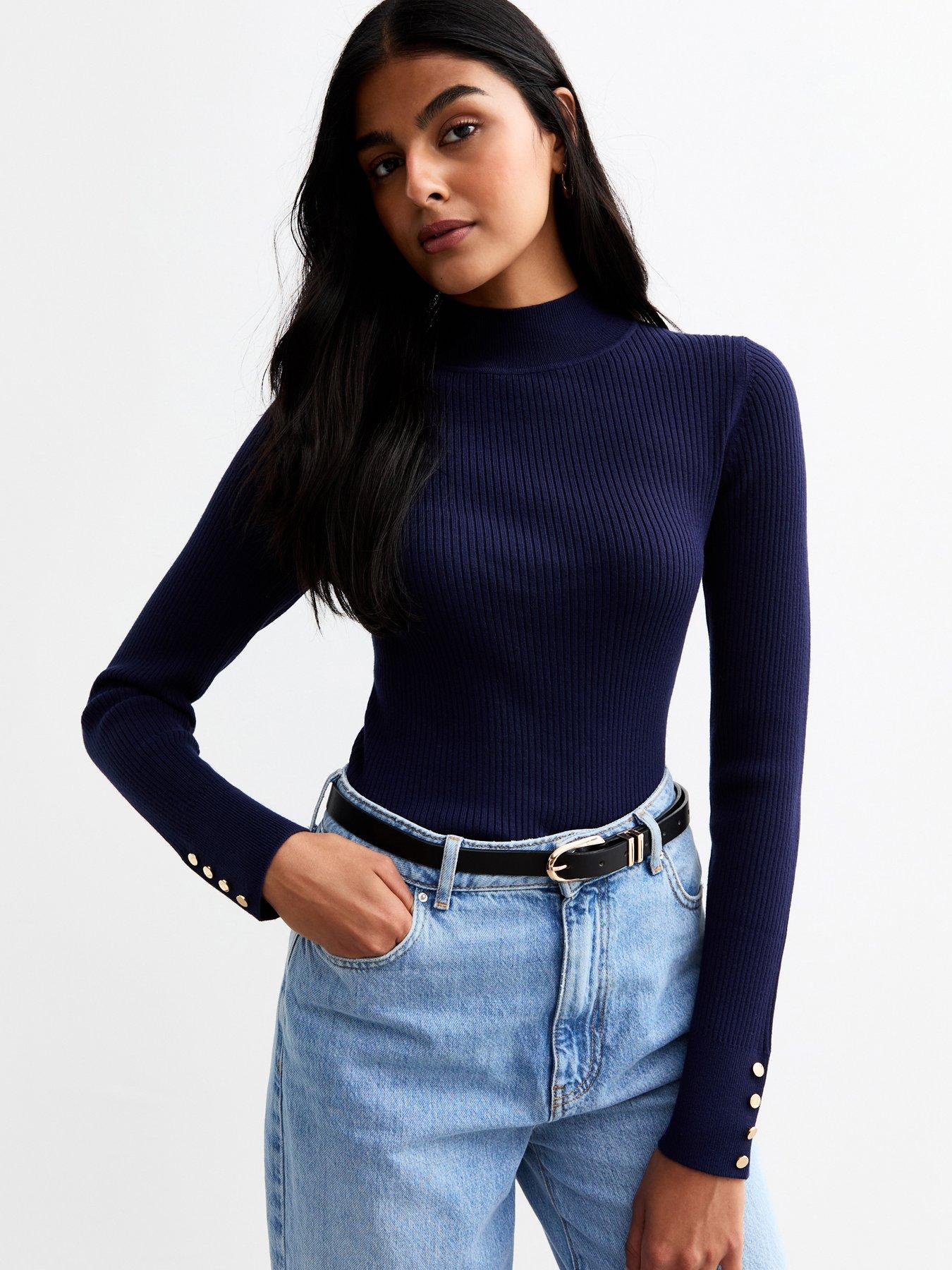 New Look Ribbed Buttoned Cuff Jumper - Navy | Very