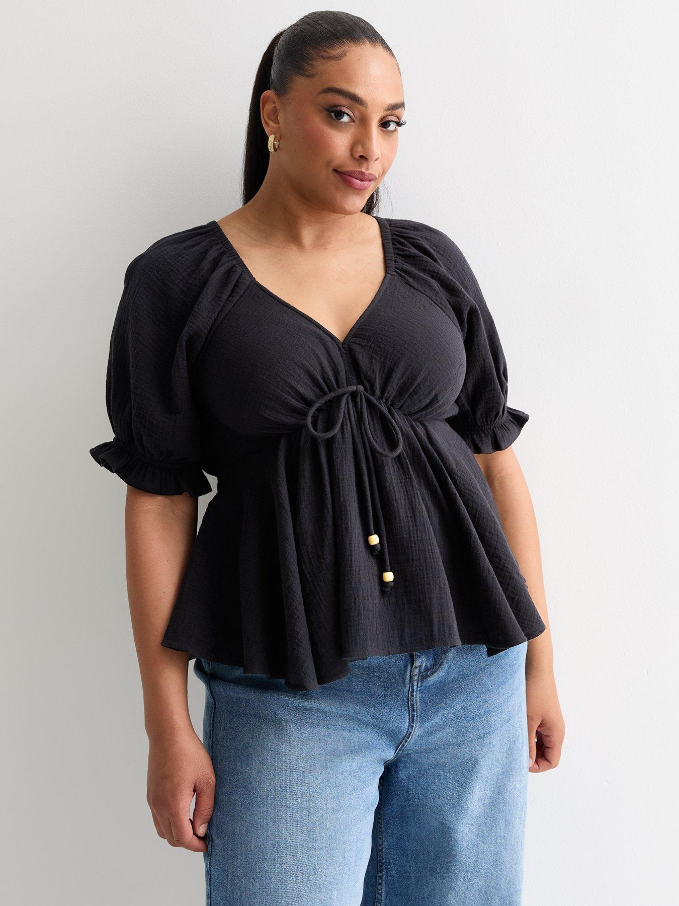New Look Curves Black Textured Cotton Tie Back Top | Very