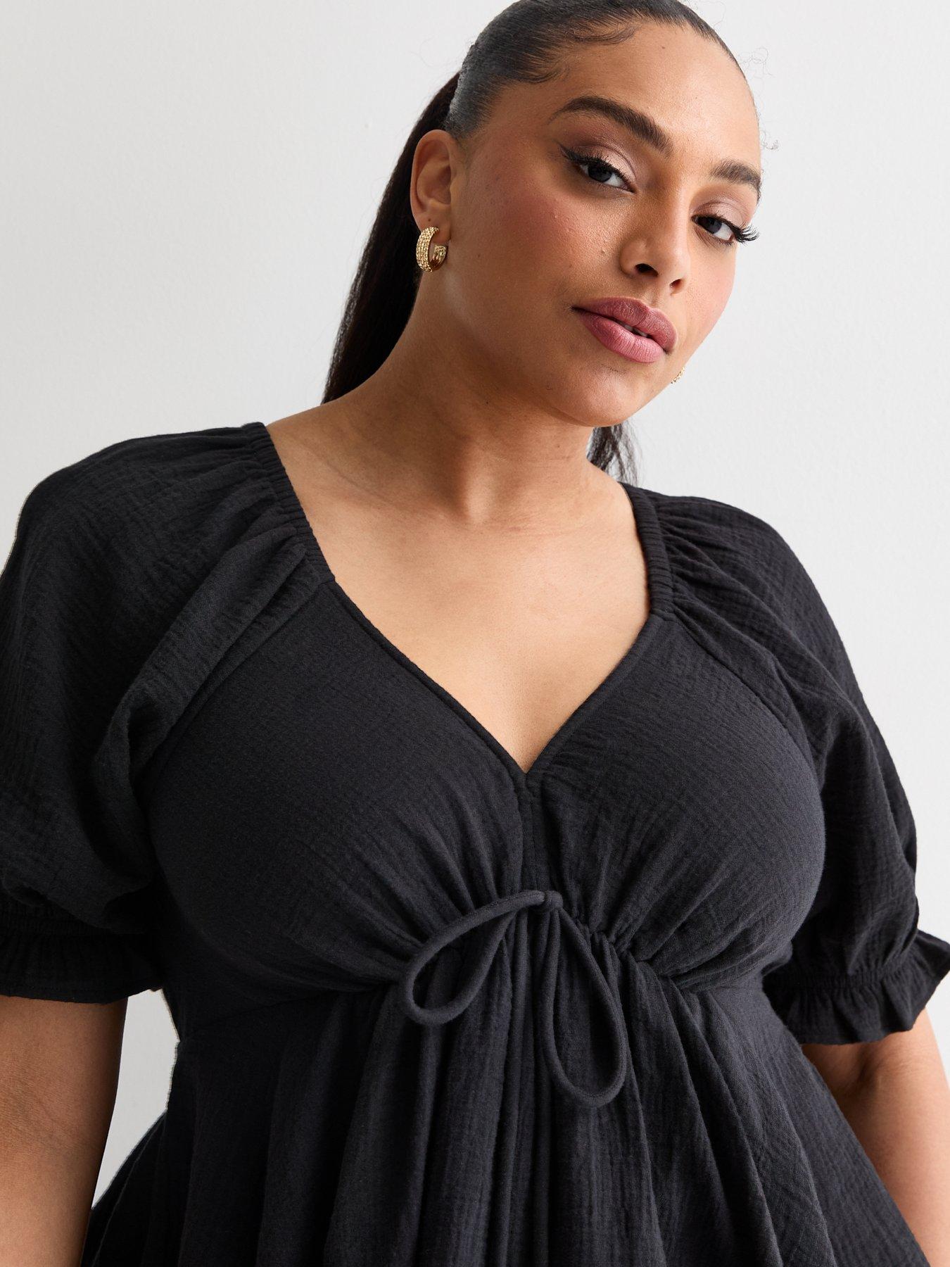 New Look Curves Black Textured Cotton Tie Back Top | Very