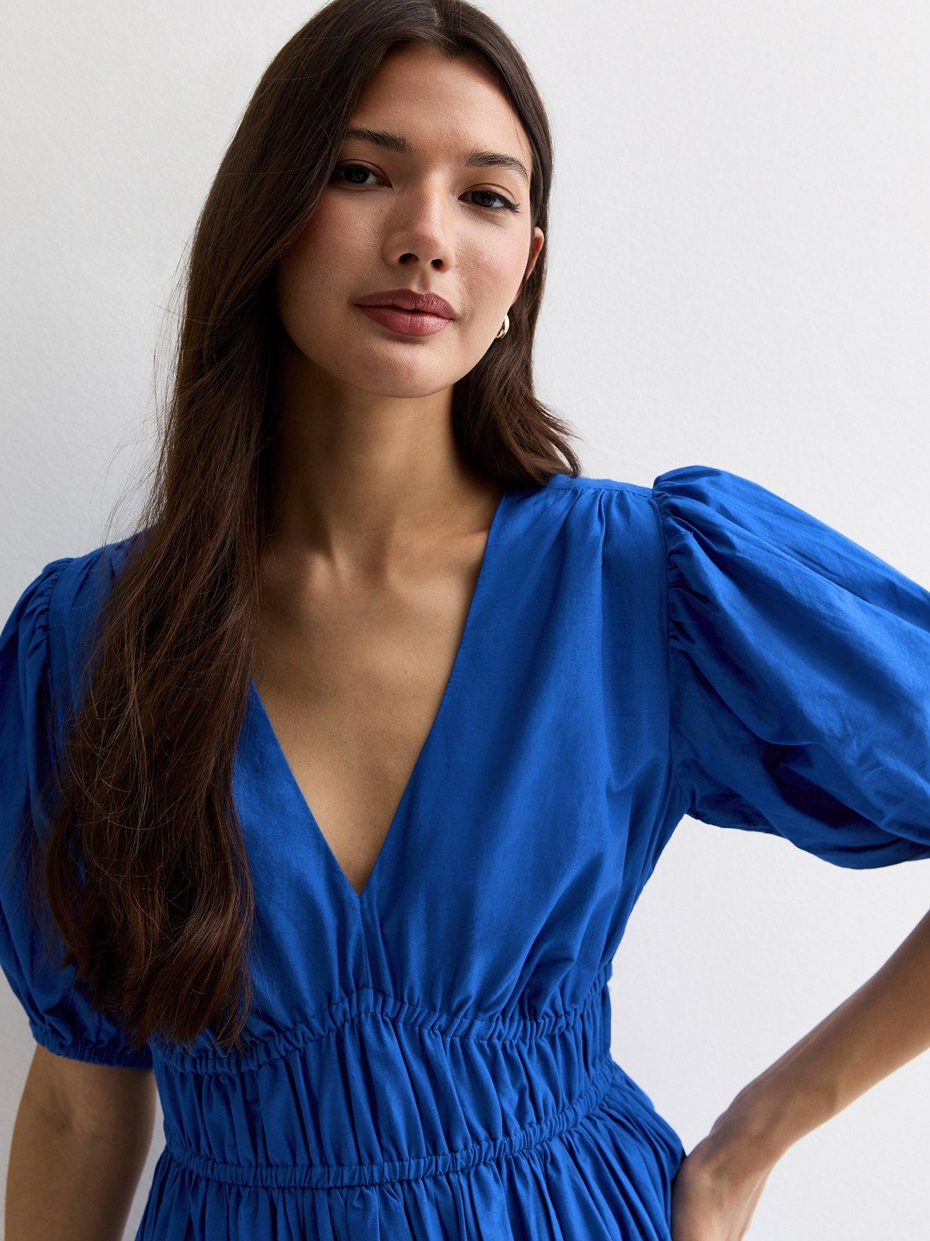 New Look Bright Blue Cotton Broderie Hem Midi Dress | Very