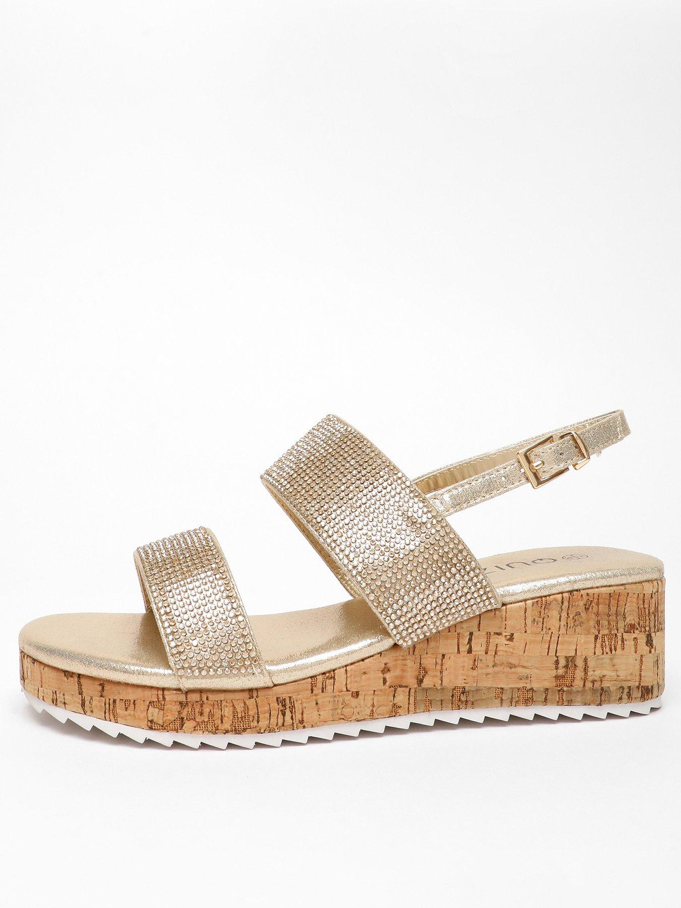 Quiz Gold Diamante Double Strap Low Wedges | Very