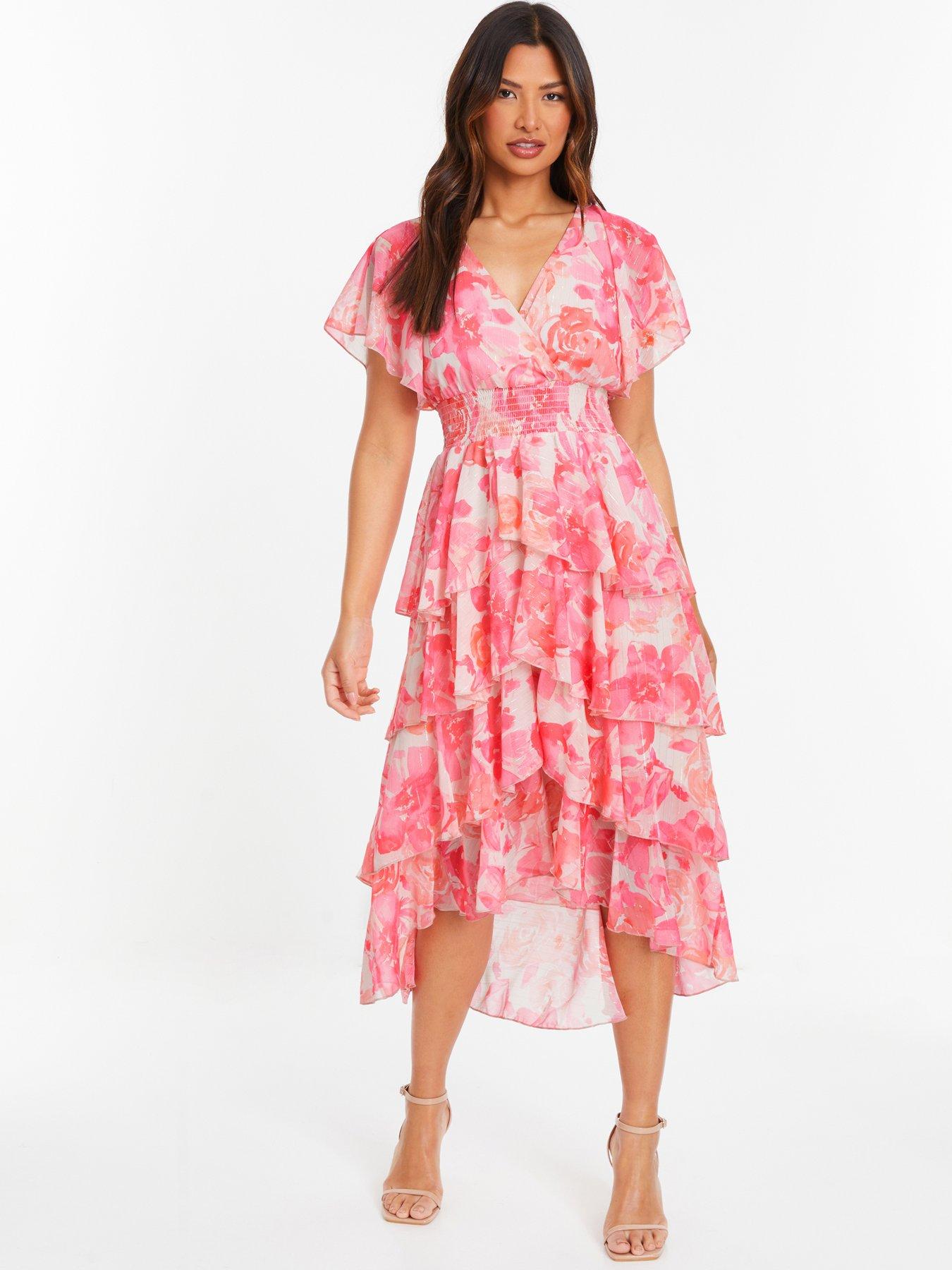 Quiz Pink Floral Print Chiffon Tiered Dip Hem Dress | Very