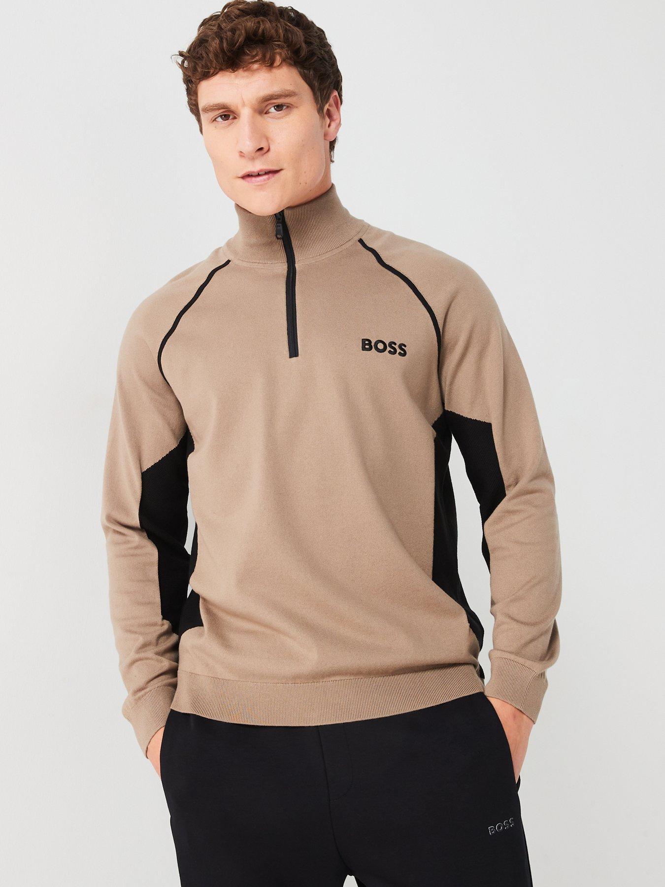 BOSS Hydro-x 1/4 Zip Cotton Stretch Knitted Jumper - Khaki | Very