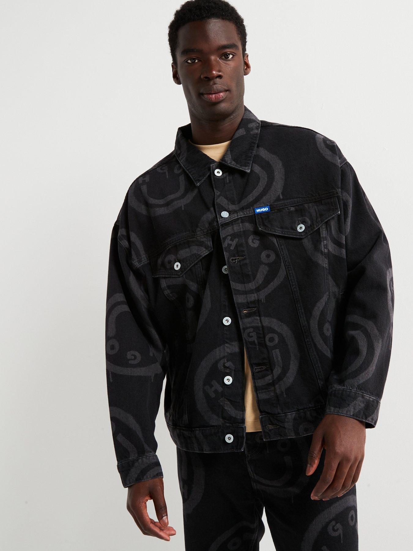 HUGO BLUE Wes Relaxed Fit Smiley Print Denim Jacket-Black | Very