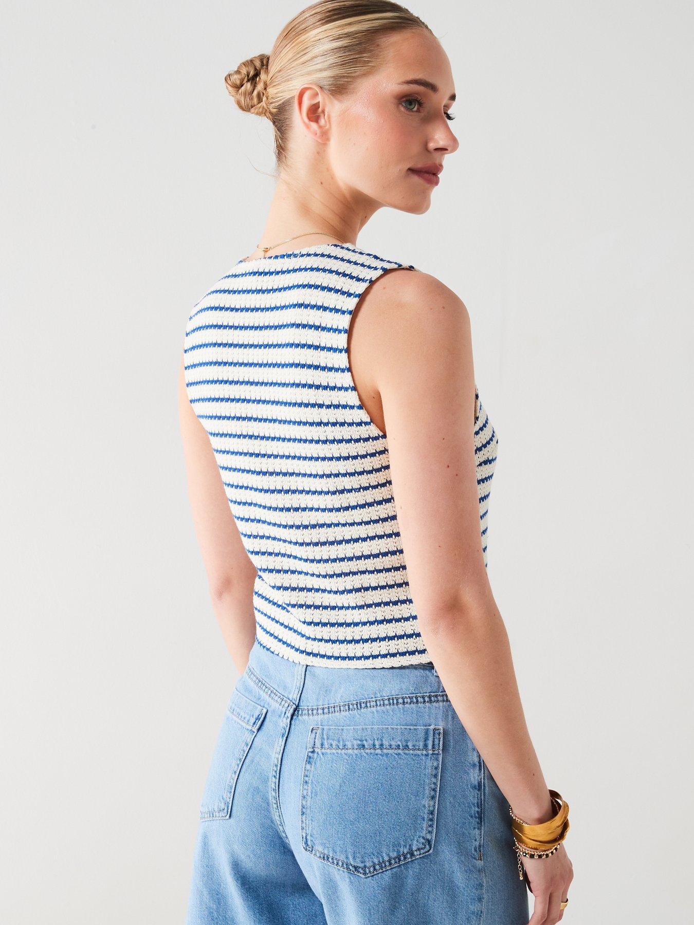 Mango Crochet Striped Waistcoat - Blue/White | Very.co.uk