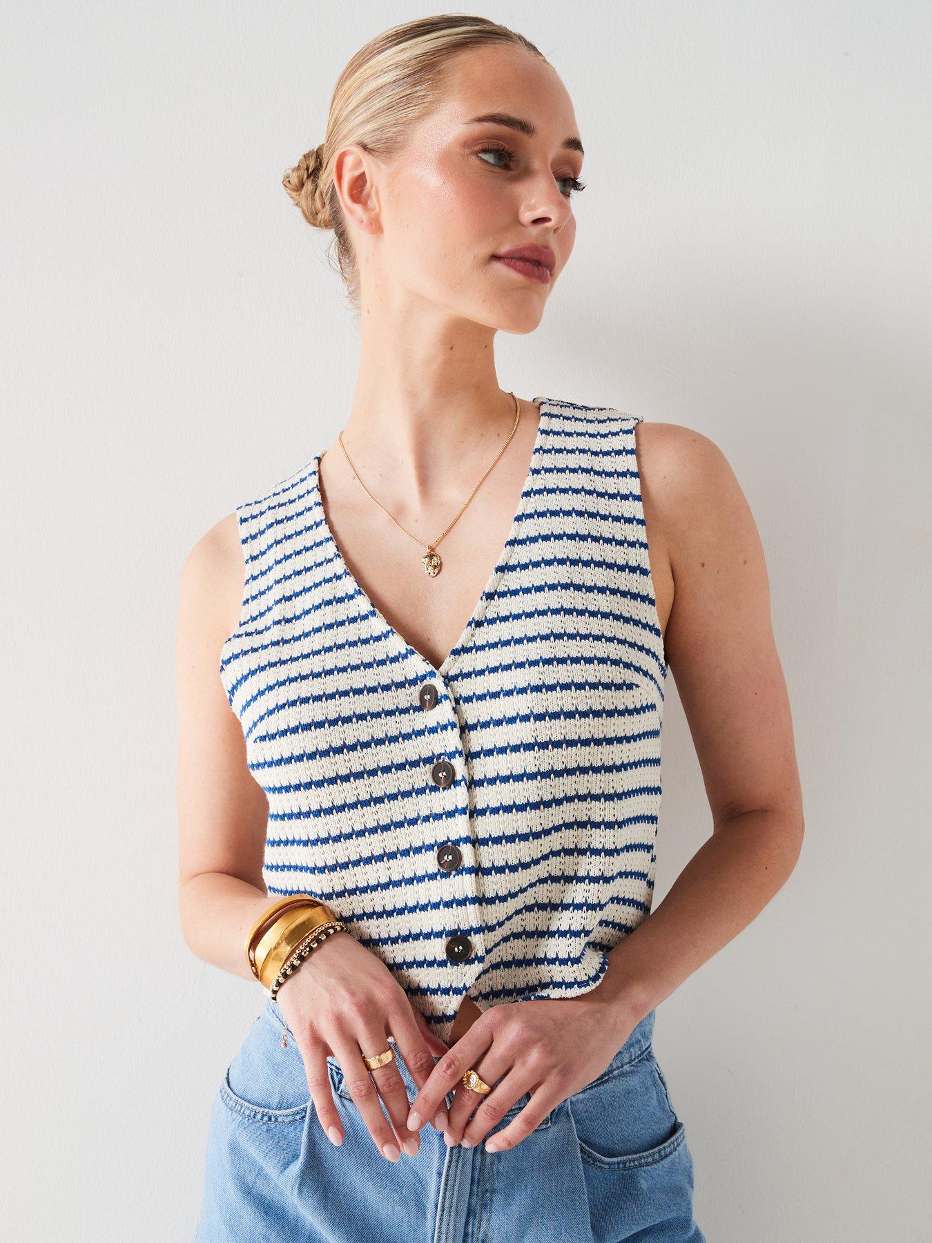 Mango Crochet Striped Waistcoat - Blue/White | Very.co.uk