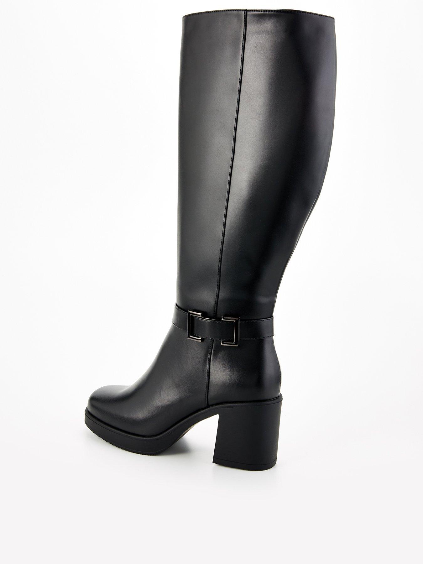 V by Very Extra Wide Fit Buckle Knee Block Heel Boot - Black | Very