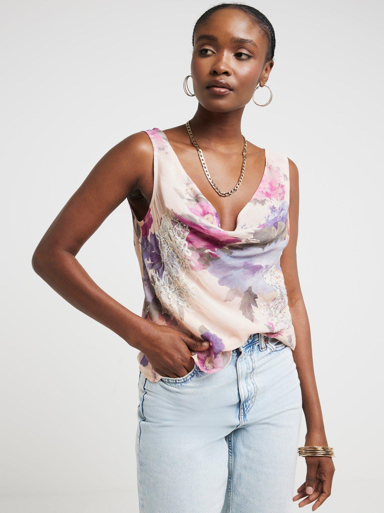 River Island Lace Insert Cowl Neck Top - Light Pink | Very